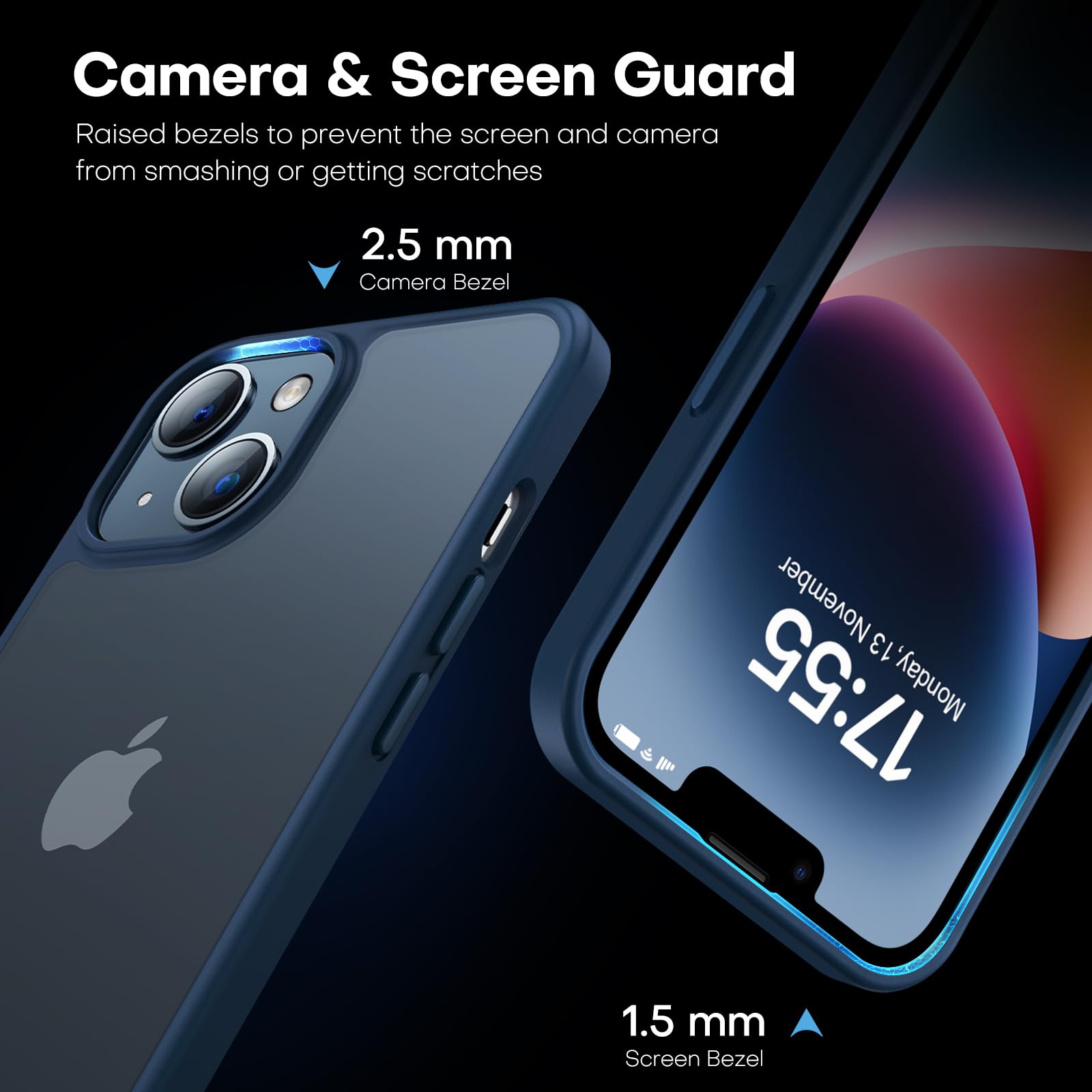 LϟK 3-in-1 for iPhone 13 Case for iPhone 14 Case, Translucent Matte Back with 2X Screen Protectors, [Military-Grade Drop Tested] Shockproof Slim Anti-Fingerprint Phone Case for iPhone 13/14, Blue