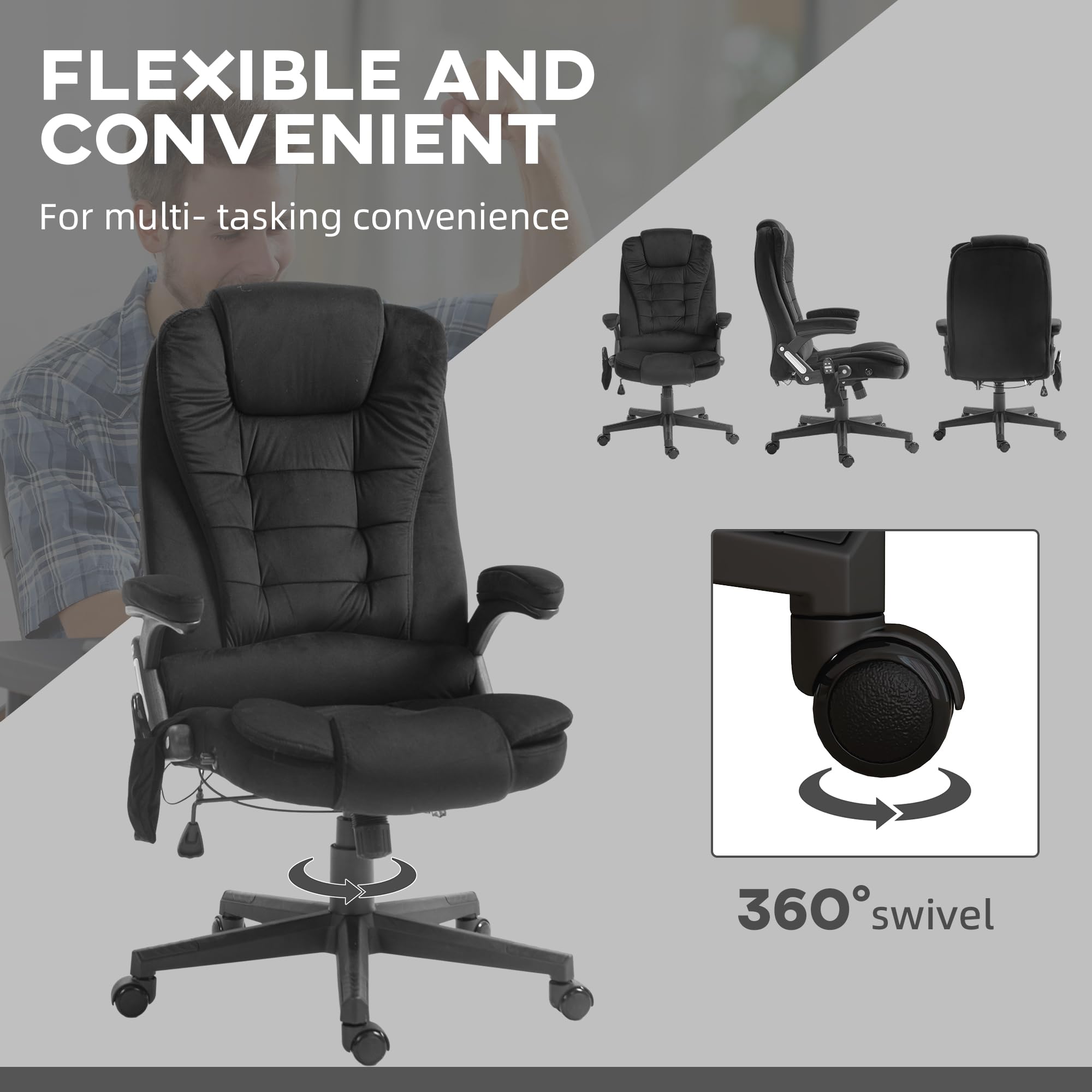 HOMCOM 6 Point Vibrating Massage Office Chair with Heat, Velvet High Back Executive Office Chair with Reclining Backrest, Padded Armrests and Remote, Black
