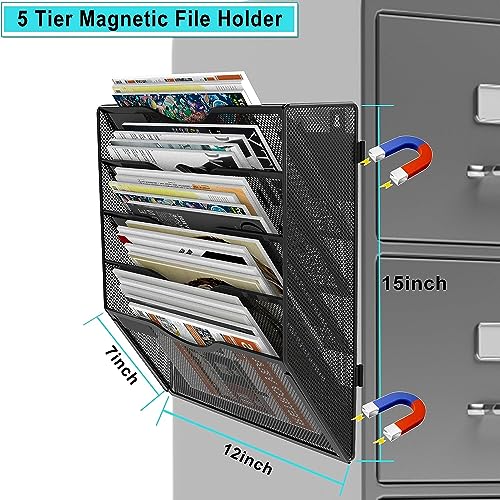 LQPAFZ 5 Tier Magnetic File Holder - for File Cabinets, Refrigerator, Whiteboard, Office, No Drilling Installation Large Capacity Black Magnetic File Holder