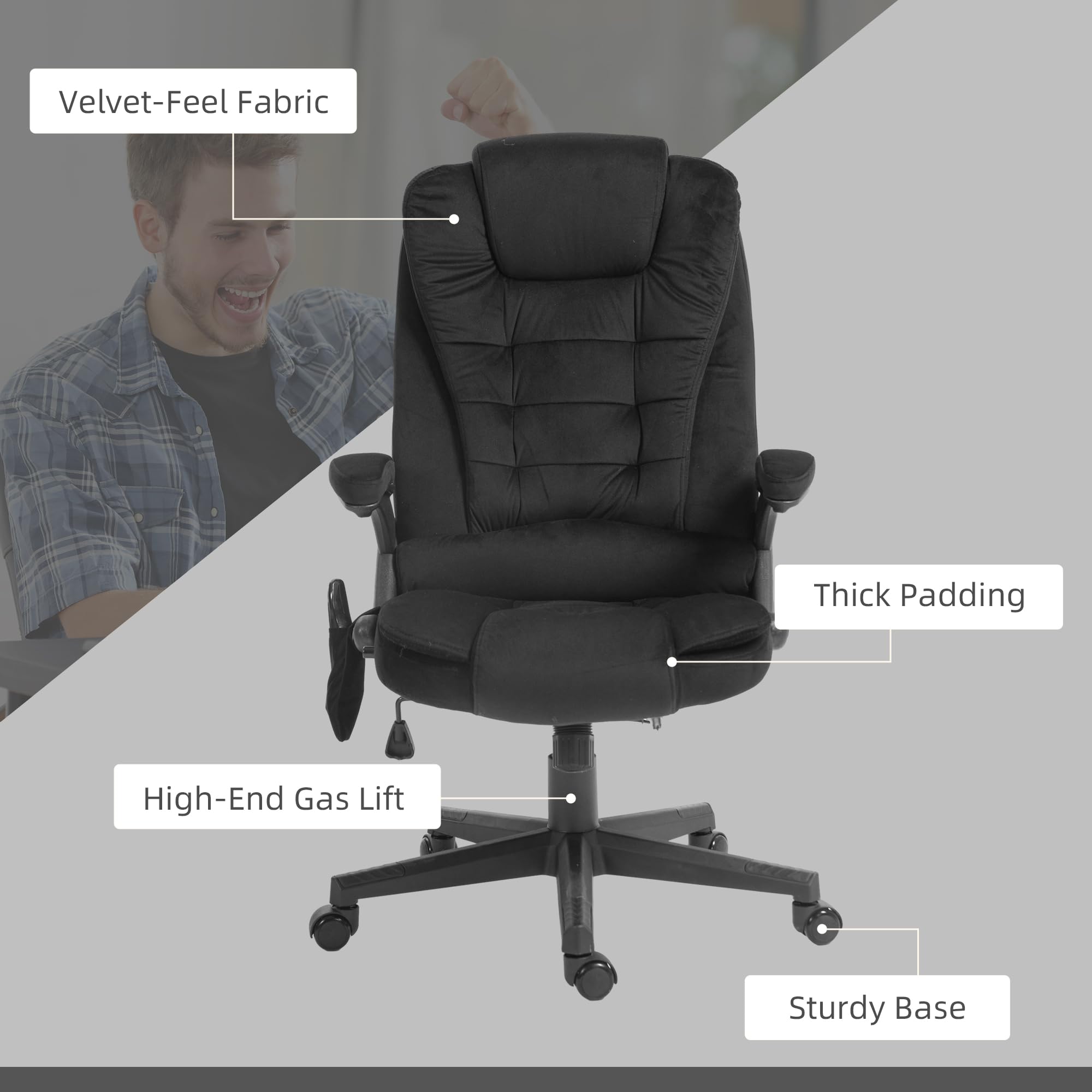 HOMCOM 6 Point Vibrating Massage Office Chair with Heat, Velvet High Back Executive Office Chair with Reclining Backrest, Padded Armrests and Remote, Black