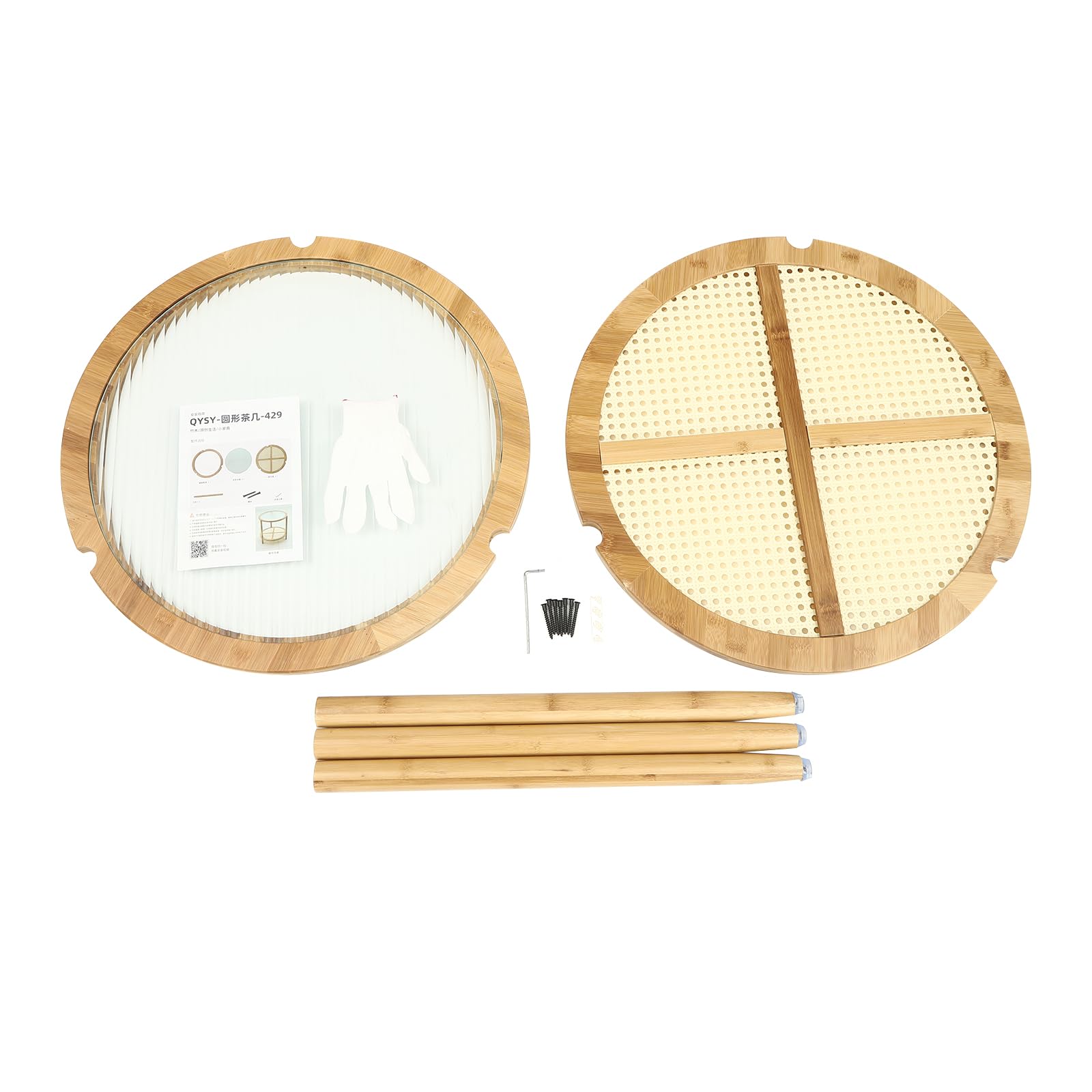 PaNeTnya 22 inch Bamboo Side Table End Table,2 Tier Round Side Table with Rattan Shelf and Glass Tabletop,Coffee Table for Living Room,Dining Room and Bedroom