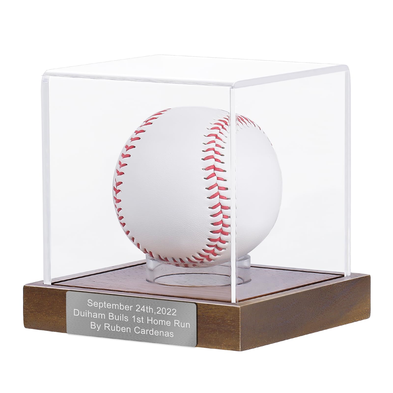 Walnut Baseball Display Case with UV Protected Acrylic Storage Box and Engraving, Silver Stand