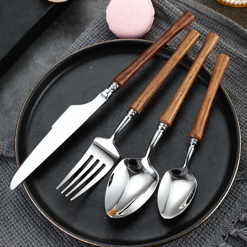 Aimilan 48 Piece Silverware Set for 12, 18/10 Stainless Steel Rosewood Wooden Handle Flatware Cutlery Set for Home Kitchen Restaurant, Mirror Finish, Dishwasher Safe (48-Piece for 12)