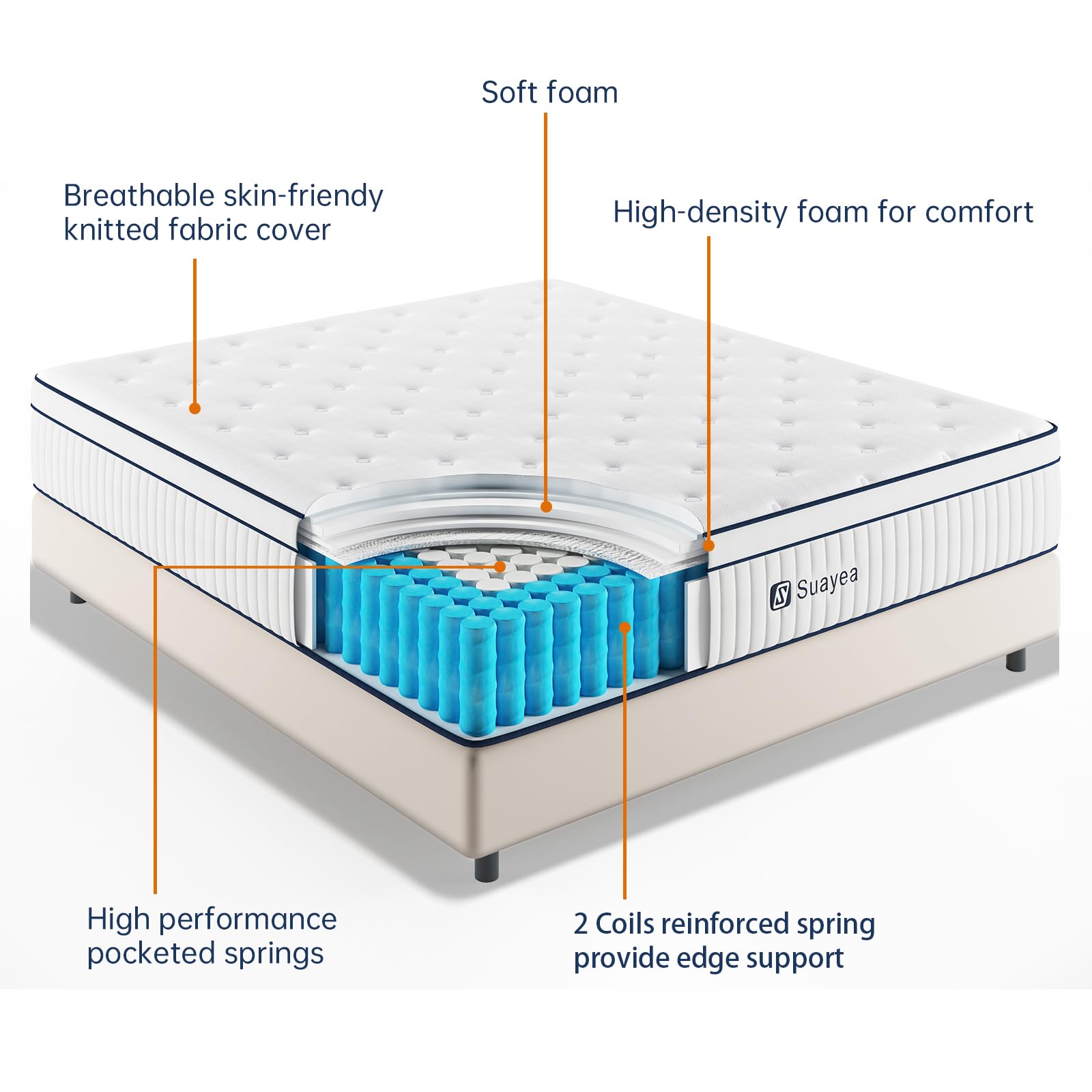 SUAYEA Queen Size Memory Foam Hybrid Mattress - Medium Firm - Beige