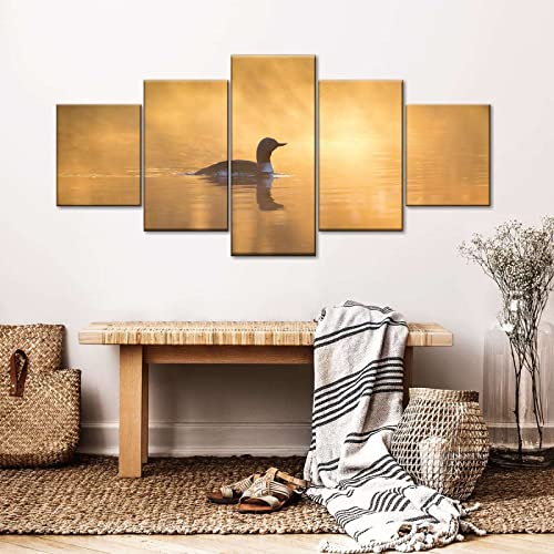 5 Pieces Canvas Wall Art Modern Home Decor Loon In Misty Waters Framed Artwork Pictures for Wall Decor Pictures for Living Room 60x32 Inch