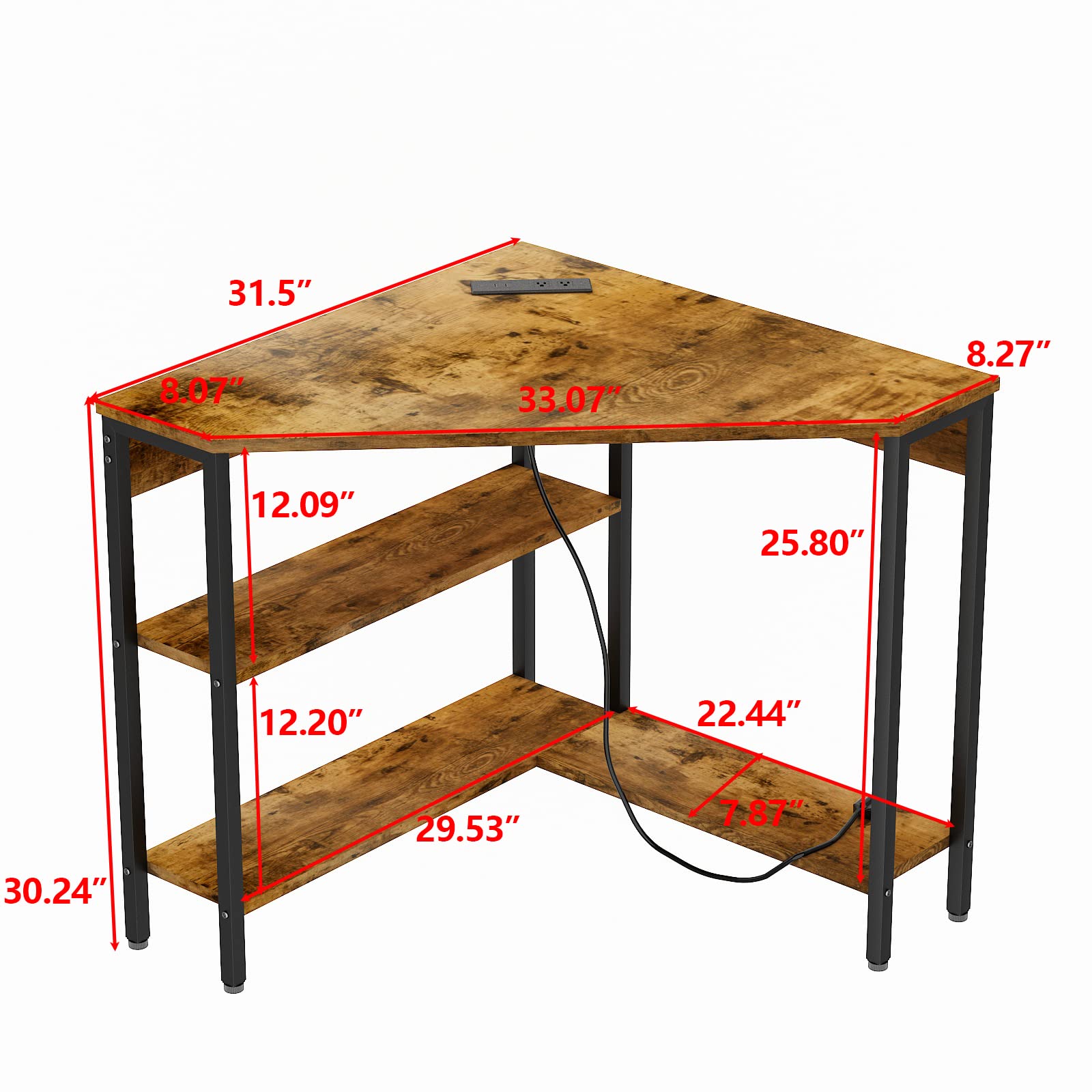 Corner Desk with Outlets & USB Ports, 90 Degree Triangle Corner Table with CPU Stand & Storage Shelves for Small Space, Computer Table with Charging Station for Home Office Bedroom (Rustic)