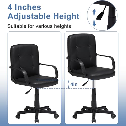 VECELO Home Office Desk Chair with Armrests,Mid Back Adjustable Height, 360-Degree Swivel, 330 Pound Capacity, Black, Set of 1