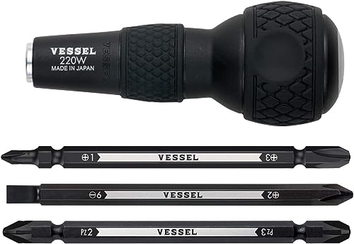 VESSEL Interchangeable Ball Grip Screwdriver Set with 1/4โ Hex. Bit | Includes 3 Bits: +1, 3/+2, -6/PZ2, PZ3