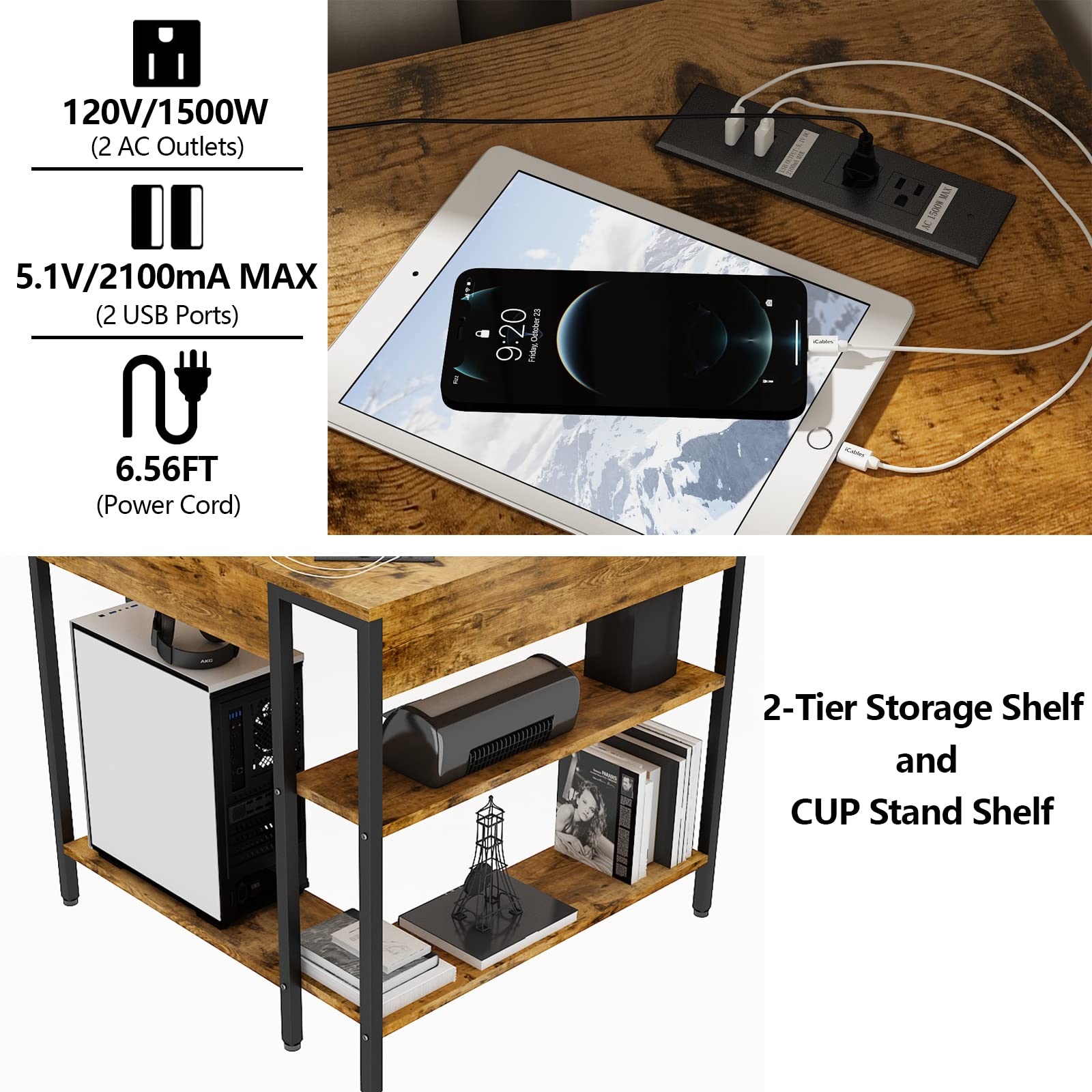 Corner Desk with Outlets & USB Ports, 90 Degree Triangle Corner Table with CPU Stand & Storage Shelves for Small Space, Computer Table with Charging Station for Home Office Bedroom (Rustic)