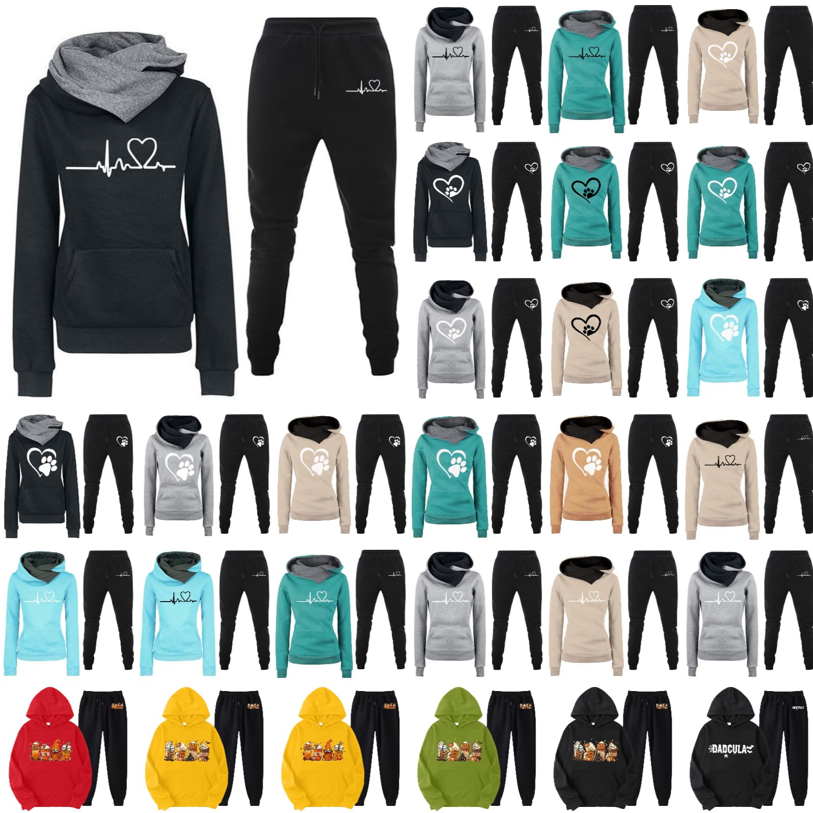 Women Hoodies Sweatsuit Long Sleeve Matching Joggers Sweatpants 2 Piece Tracksuit Sets, Two Piece Outfits for Women A3-Black, 3X-Large