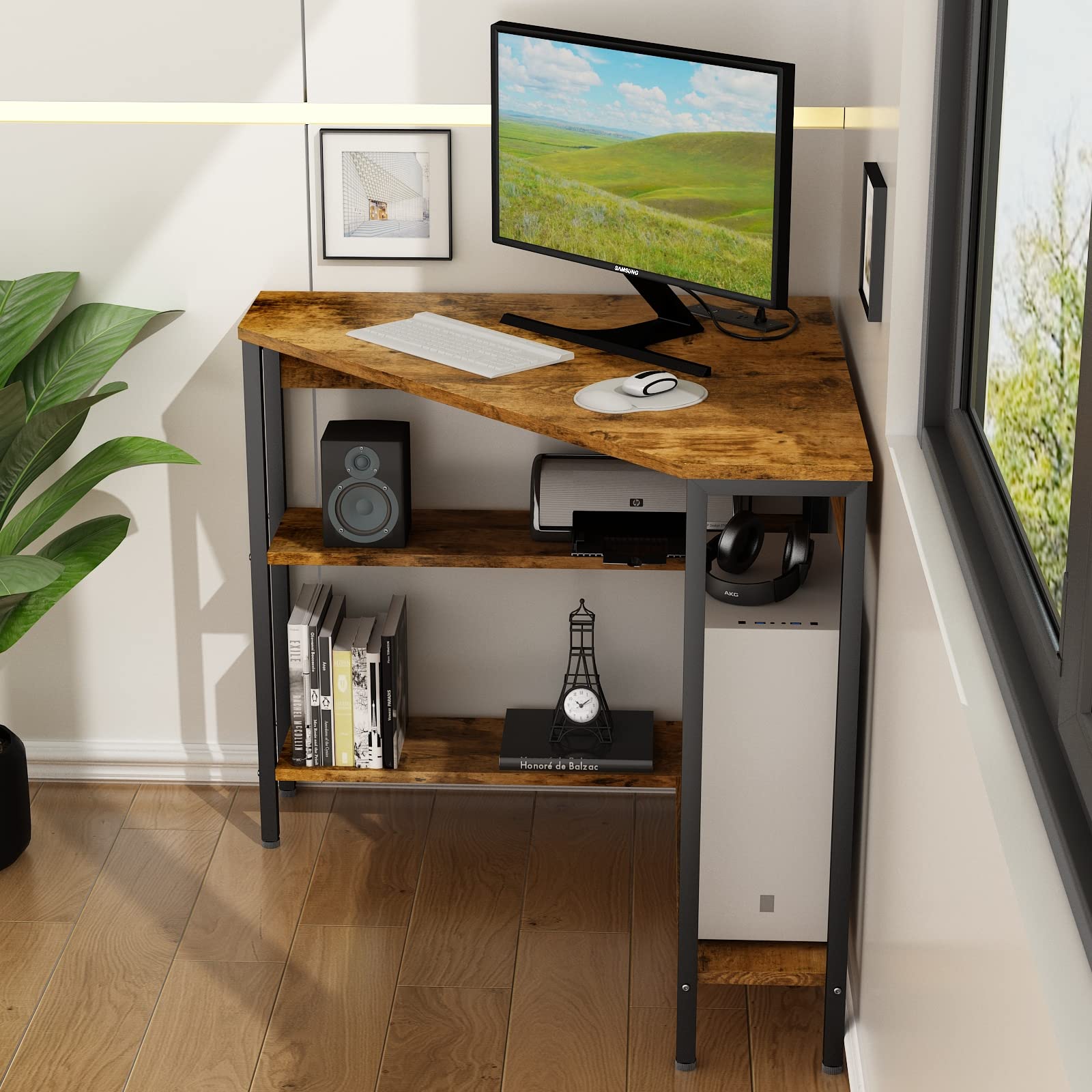 Corner Desk with Outlets & USB Ports, 90 Degree Triangle Corner Table with CPU Stand & Storage Shelves for Small Space, Computer Table with Charging Station for Home Office Bedroom (Rustic)