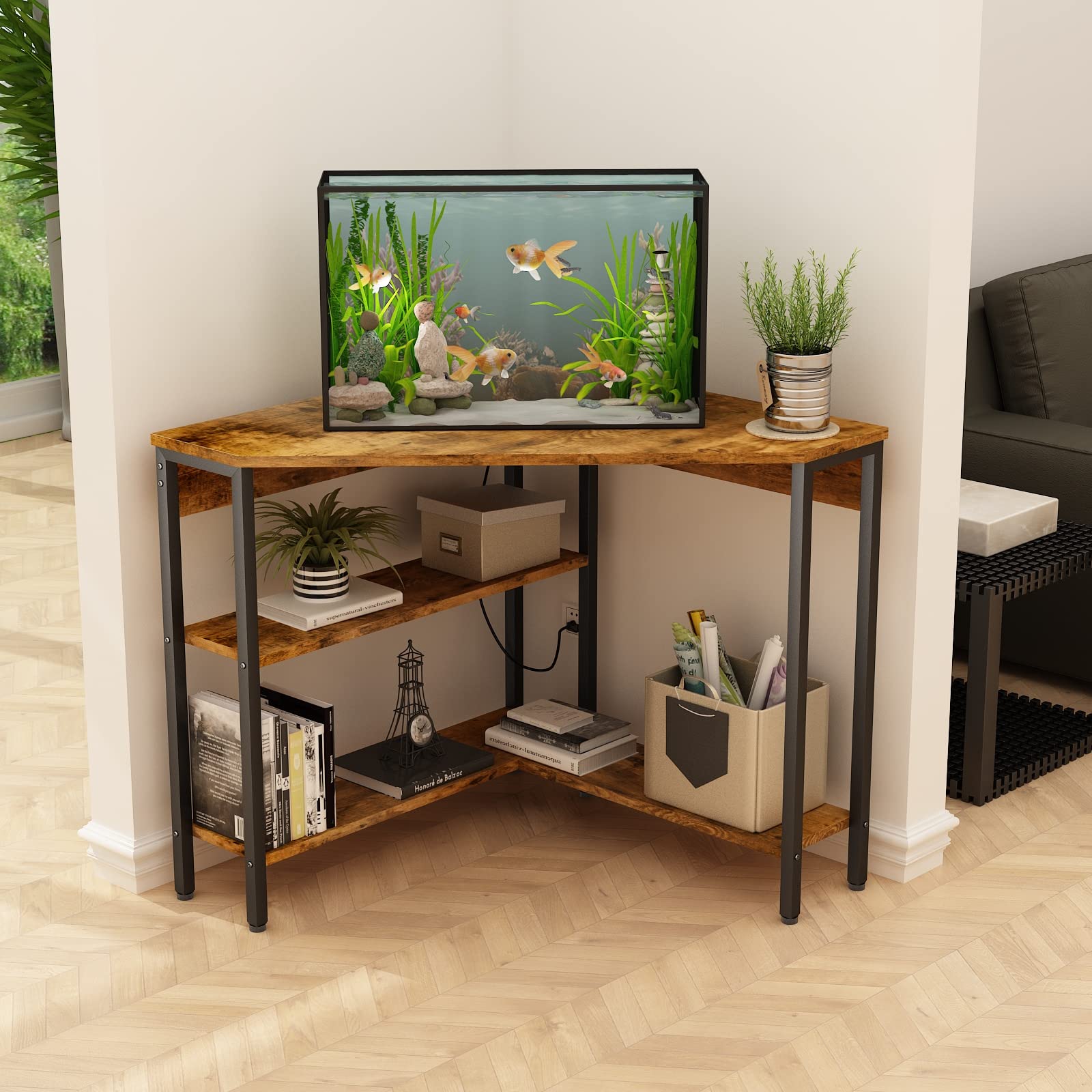 Corner Desk with Outlets & USB Ports, 90 Degree Triangle Corner Table with CPU Stand & Storage Shelves for Small Space, Computer Table with Charging Station for Home Office Bedroom (Rustic)
