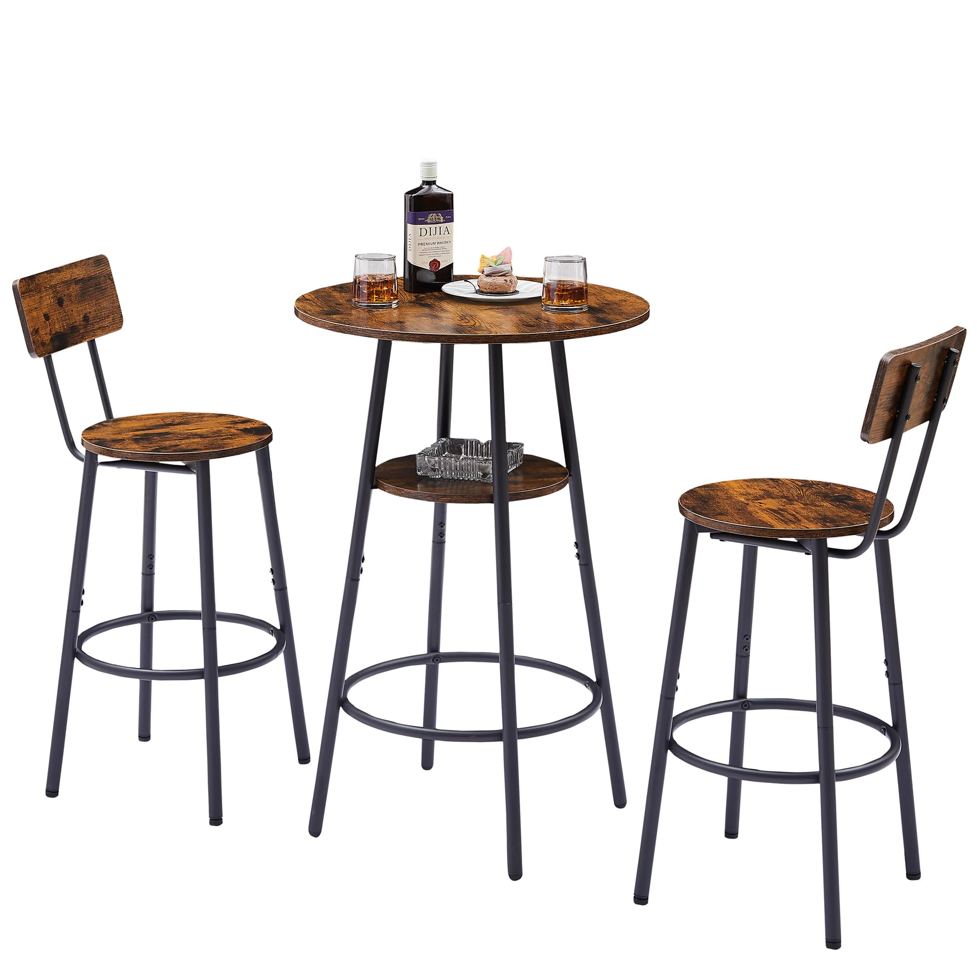 Tmsan Round Bar Table and Chair Set for 2, Small Bistro Coffe Table & Stools with Backrest, High Top Pub Set for Kitchen Dining Room, Rustic Brown
