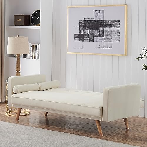 FULife Modern Futon Loveseat Sofa Convertible Sleeper Daybed, Folding Sofá Beds Recliner,Small Tufted Upholstered Love 2-Seat Couch for Living Room Space Furniture Sets, Beige Cotton 71.6" w