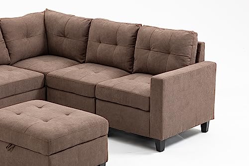 Evedy Living Room Furniture Set,L-Shaped, Modular Sectional Sofa with Left & Right Arm, Corner Chair, Ottomans Table,Extra Wide Chaise Lounge Couch for Home, Apartment (Brown)