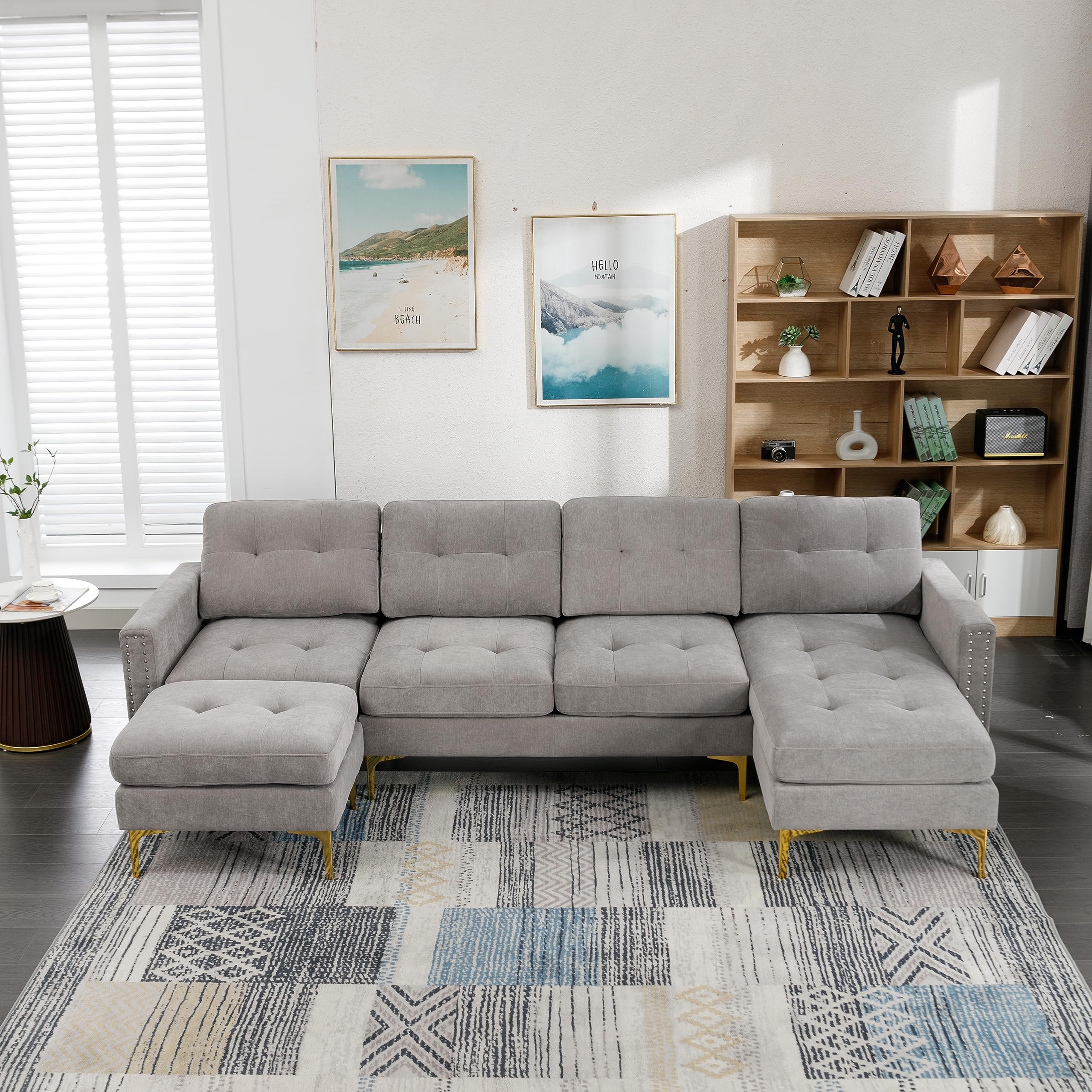 EMKK 110" Convertible Sectional Sofa Couch Furniture, 6 Seat Sofa for Living Room L/U Shaped Modern Fabric UpholsteredModular Sofá Sleeper with Double Chaise & Memory Foam & Movable Ottoman