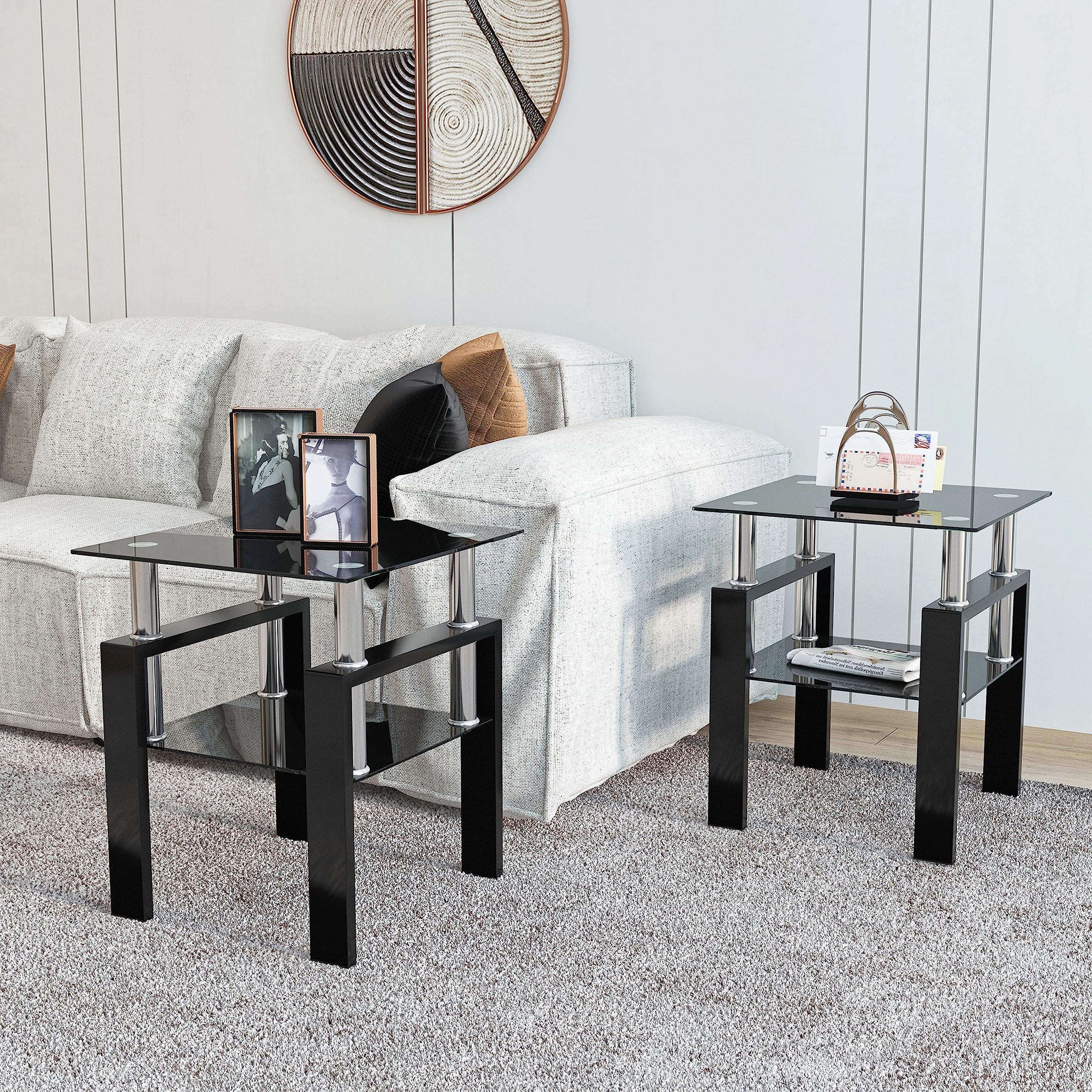 GSSDEE Glass Coffee Table and End Table Set of 3, 2-Tier Classic Design, Tempered Glass Top & Solid Metal Legs Table Set, Use for Livingroom Center Table, Sofa Nightstand (Black, Lift top Set of 3)