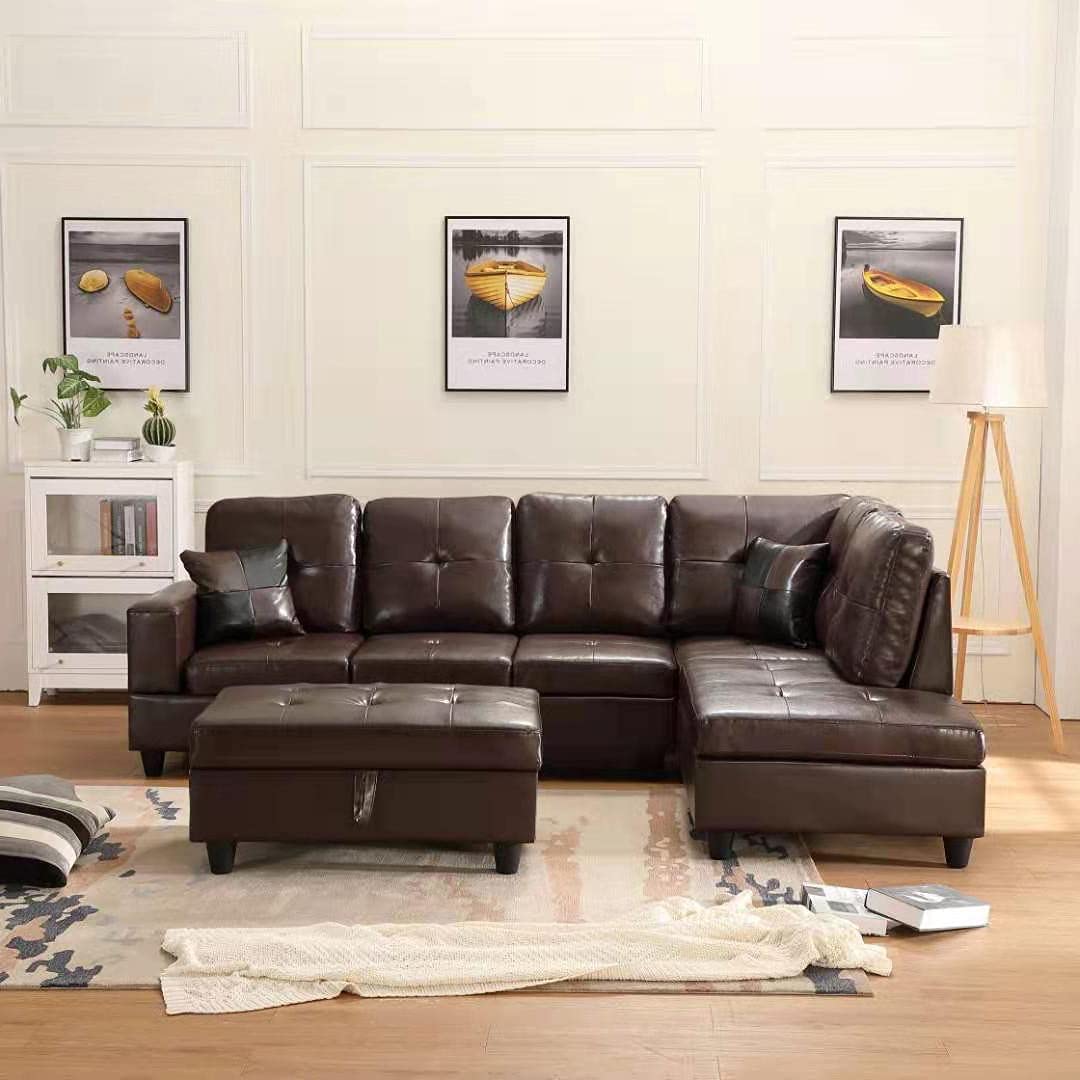 OPTOUGH 3 PC Sectional Faux Leather Sofa Set with Storage Ottoman, 2 Pillows Included, Living Room Couch, Brown