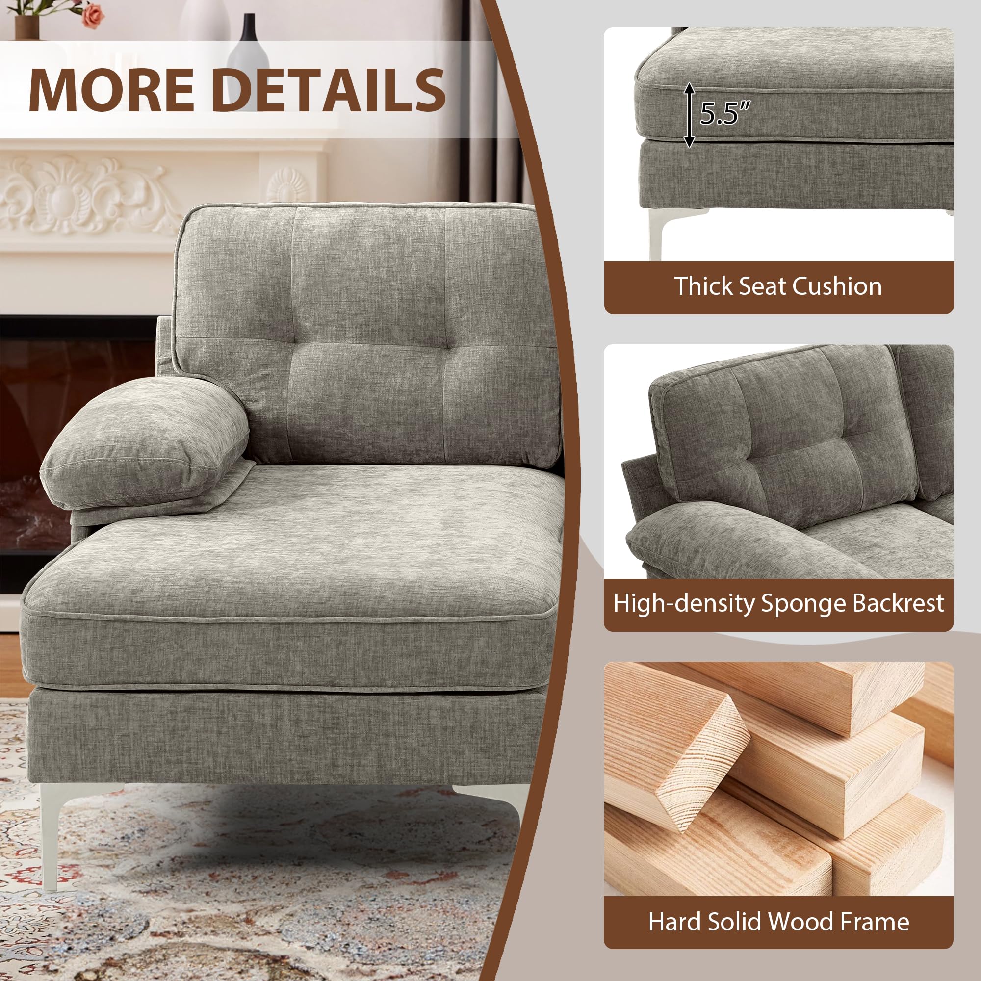 YuuYee 82" Chenille L Shaped Sectional Couches for Living Room, 3 Seater Comfy Modular Sofa with Chaise for Small Spaces,Mid Century Modern,Deep Seat,Grey