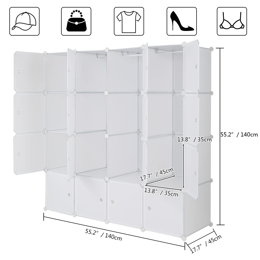 Maximize Home Organization with Stackable Modular Shelving Closet Organizer Plastic Storage Cubes with Hanging Rod and Wardrobe Cabinet - White Doors
