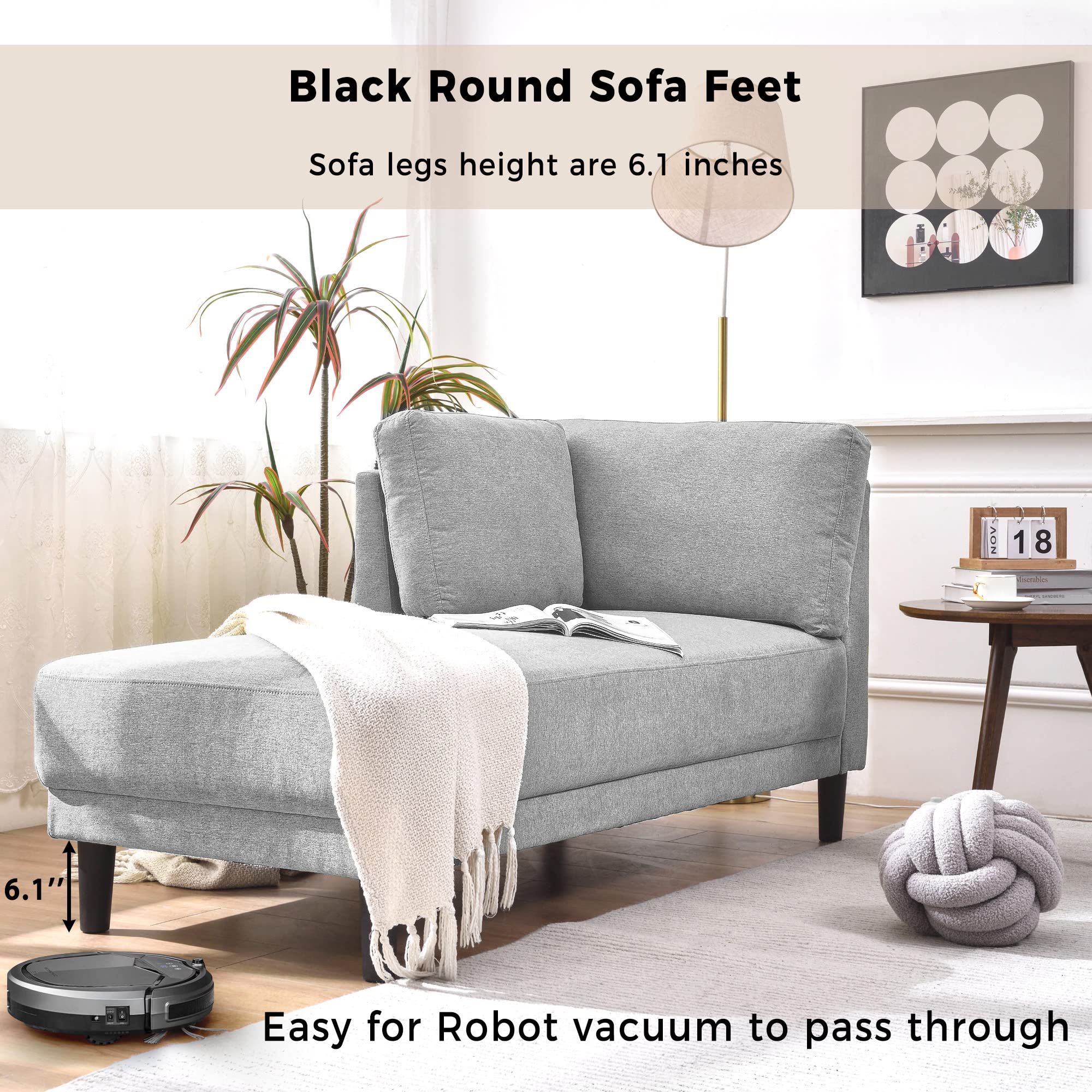KoiHome 65" Mid-Century Modern Fabric Corner Chair, Upholstered Indoor Chaise Lounge, Sleeper One-Arm Recliner Daybed Sofa Bed for Bedroom,Office,Small Living Room,Apartment, Polyester, Grey