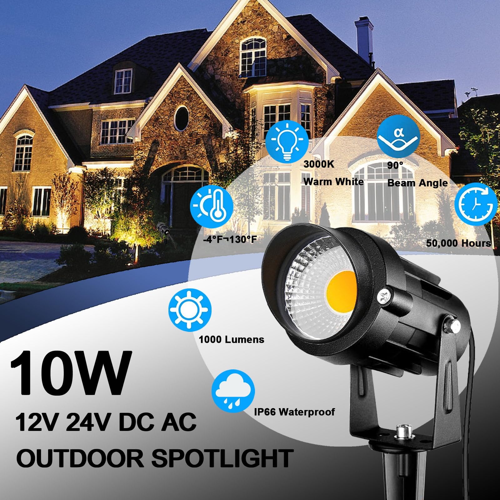10W Low Voltage Landscape Lights 12 Volt LED Spotlight Outdoor Pathway Lights Wired Yard Lights Garden Lawn Landscaping Lights 1000LM IP66 Waterproof Spot Lighting Garden Stake Tree Light(6 Pack)