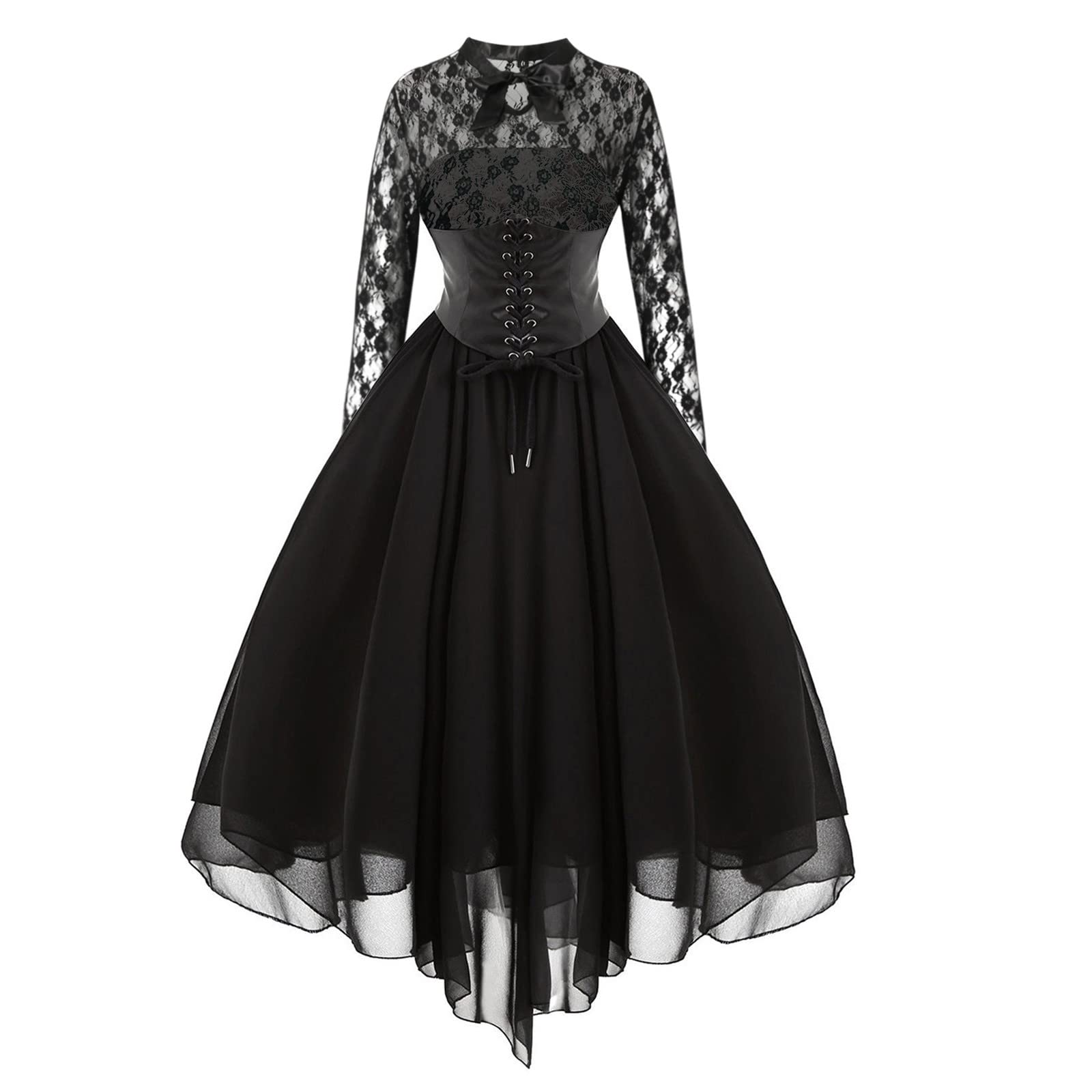 ctdiral Womens Gothic Dress with Corset Sexy Floral Lace Long Sleeve Formal Party Dresses Adult Halloween Costumes Black