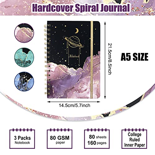 EOOUT 3 Pack Spiral Notebook Journals for Women College Ruled Notebook, 6"x 8.5", 160 Pages, Back Pocket, for Gifts, Office, School Supplies
