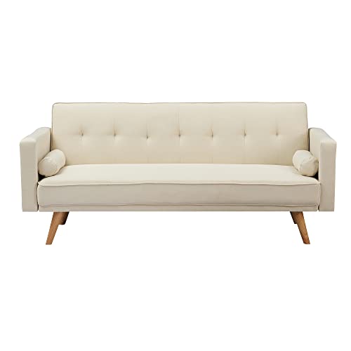 FULife Modern Futon Loveseat Sofa Convertible Sleeper Daybed, Folding Sofá Beds Recliner,Small Tufted Upholstered Love 2-Seat Couch for Living Room Space Furniture Sets, Beige Cotton 71.6" w