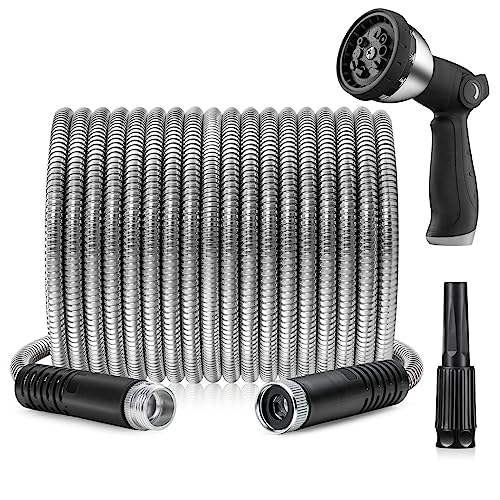 JUNEBOW Metal Garden Hose 50ft, Stainless Steel Heavy Duty Water Hose with 10 Function Nozzle - Flexible, Lightweight, Kink Free & Tangle Free, Pet Proof, Puncture Proof Hose for Yard, Outdoor