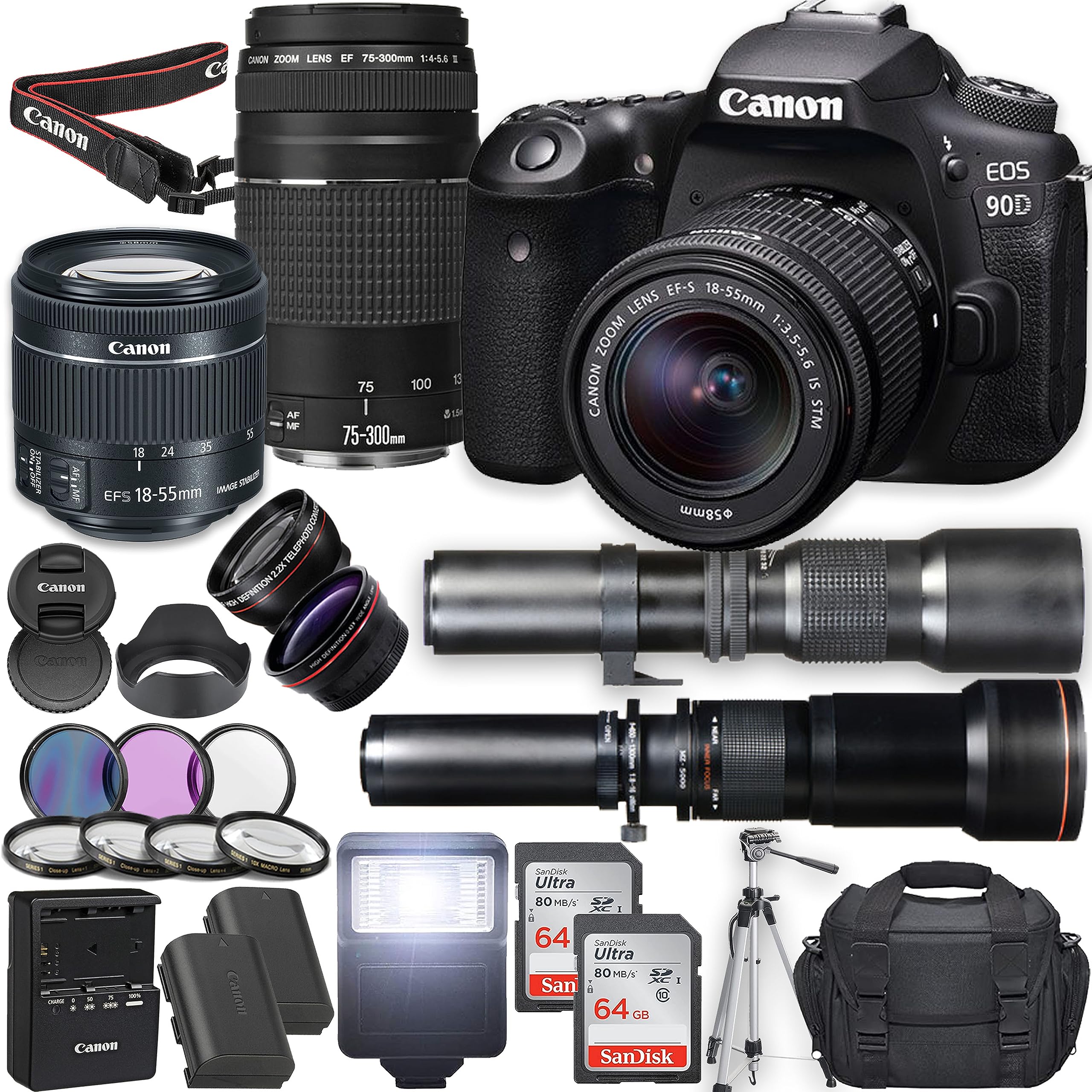 Canon EOS 90D DSLR Camera with EF-S 18-55mm f/4-5.6 is STM + EF 75-300mm f/4-5.6 III + 500mm f/8 Focus + 650-1300mm f/8 Zoom Lenses + 2 Pc 64GB Memory Cards + Tripod + Case + Flash & More