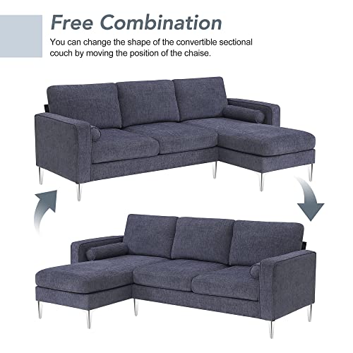 HAUSHECK L-Shaped Convertible Sectional Couch with Reversible Chaise Lounge,Chenille Fabric, Comfortable Cushions, Metal Leg, 2 Pillows Included, Mid-Century Modern Sofa for Living Room, Small Space