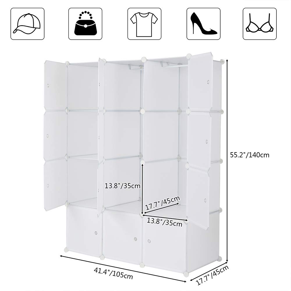 Wardrobe 12 Cube Organizer Stackable Plastic Cube Storage Shelves Design Multifunctional Modular Closet Cabinet with Hanging Rod White Doors