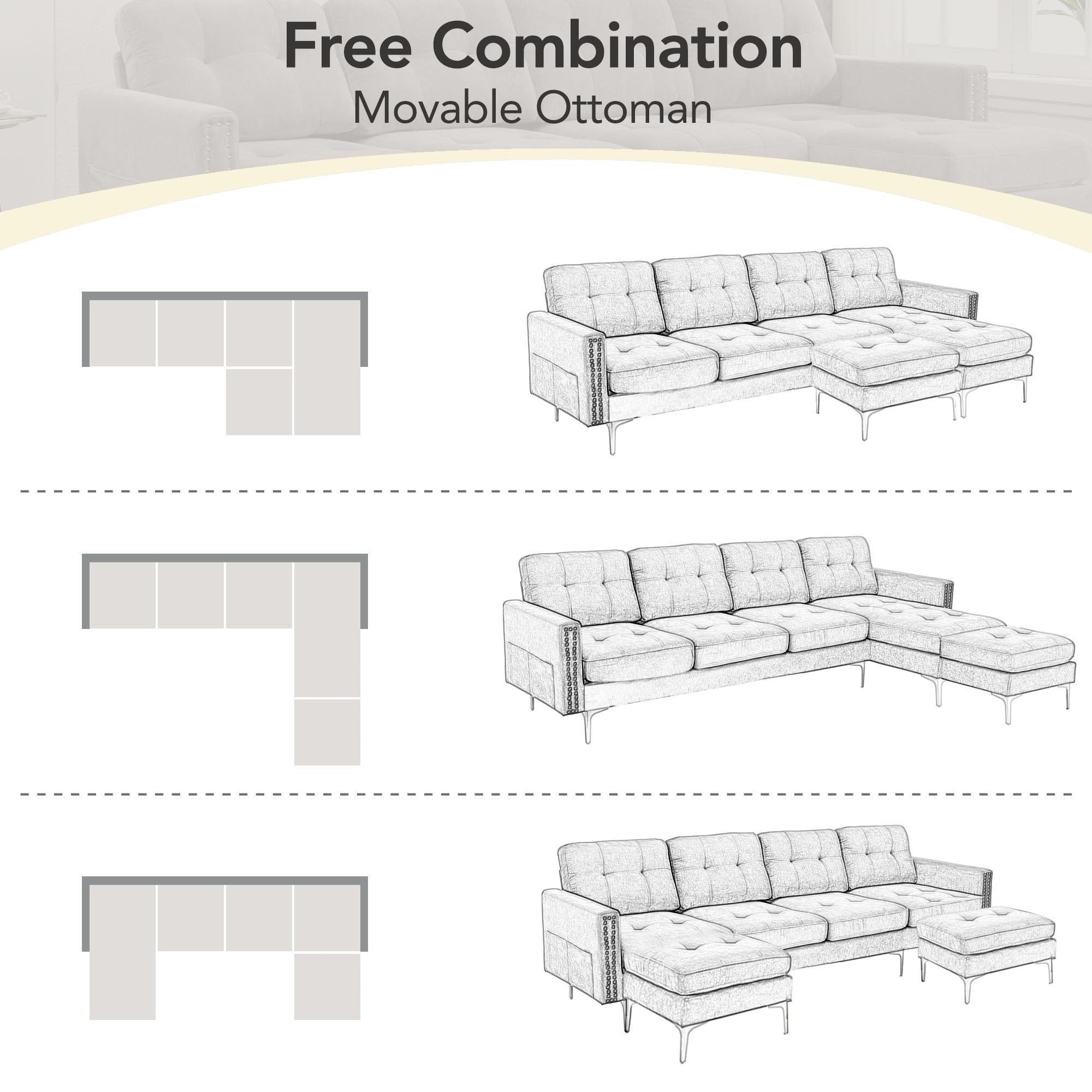 EMKK 110" Convertible Sectional Sofa Couch Furniture, 6 Seat Sofa for Living Room L/U Shaped Modern Fabric UpholsteredModular Sofá Sleeper with Double Chaise & Memory Foam & Movable Ottoman
