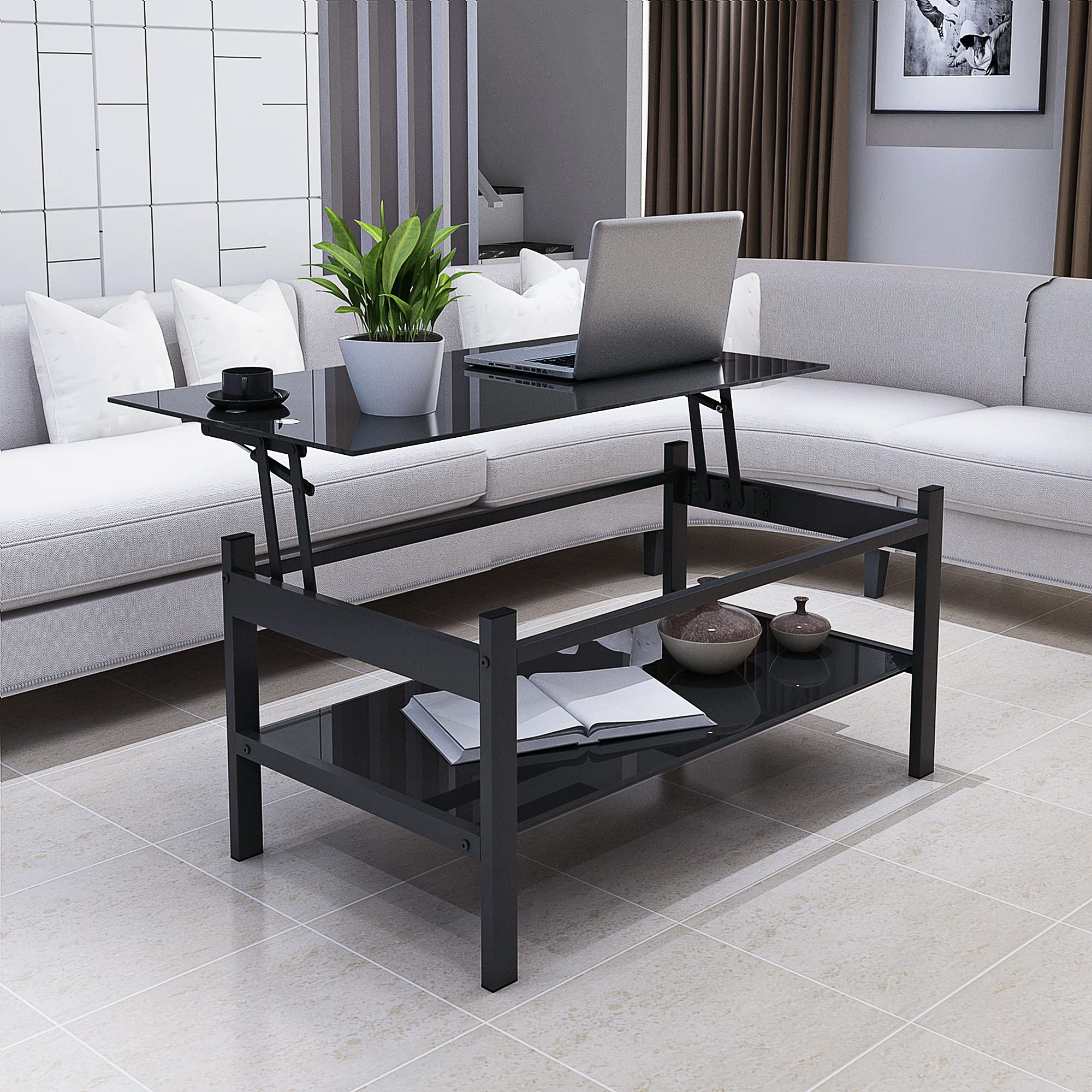 GSSDEE Glass Coffee Table and End Table Set of 3, 2-Tier Classic Design, Tempered Glass Top & Solid Metal Legs Table Set, Use for Livingroom Center Table, Sofa Nightstand (Black, Lift top Set of 3)