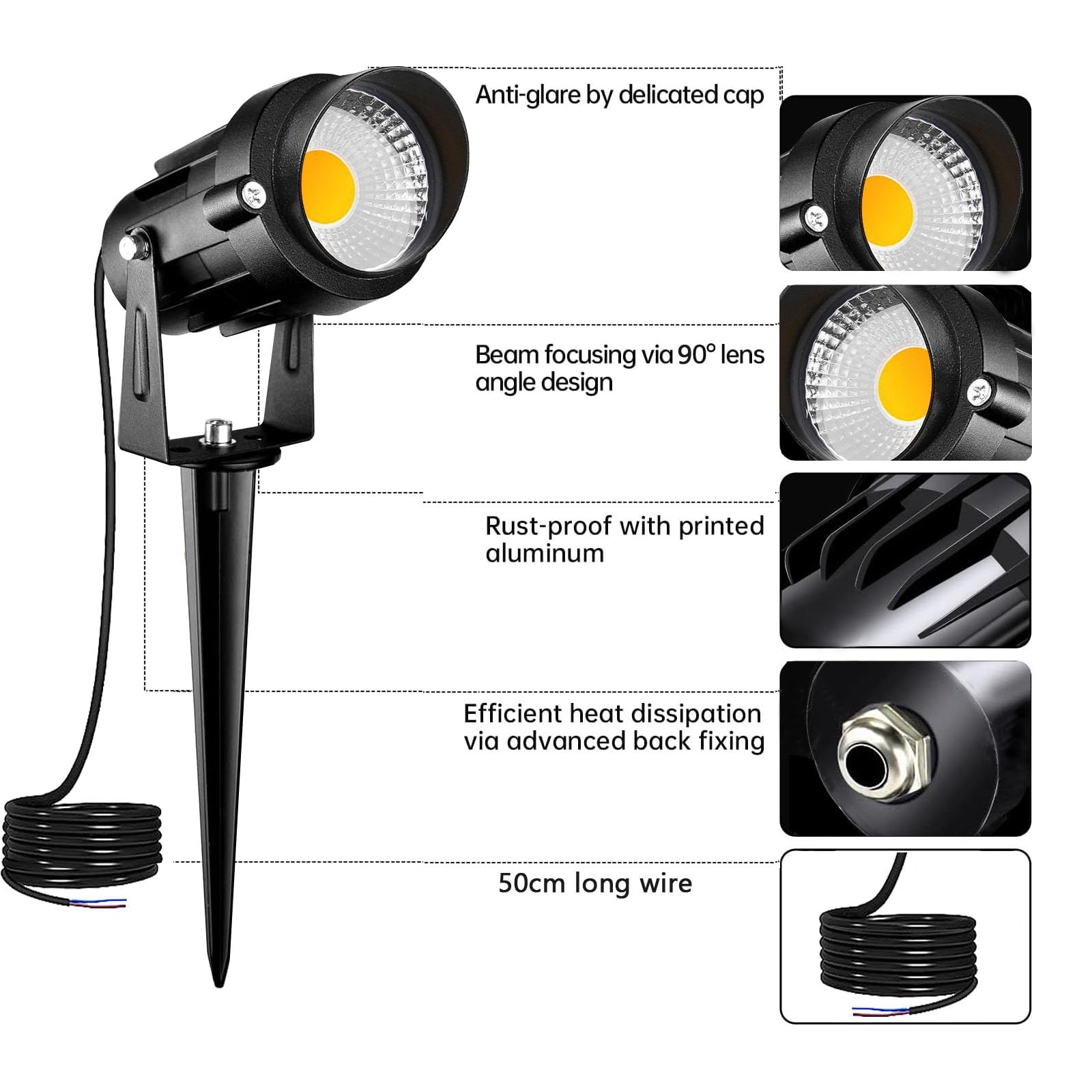 10W Low Voltage Landscape Lights 12 Volt LED Spotlight Outdoor Pathway Lights Wired Yard Lights Garden Lawn Landscaping Lights 1000LM IP66 Waterproof Spot Lighting Garden Stake Tree Light(6 Pack)
