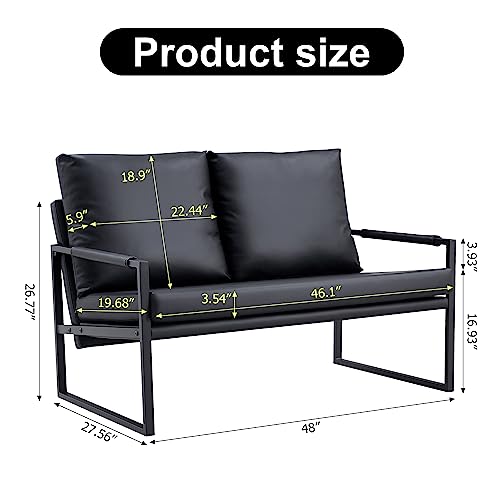 Uunquee Mid-Century Modern Loveseat Sofa,PU Leather 2 Seater Sofa Chair with 2 Pillows,Black Upholstered Accent Chair with Arms for Living Room,Office