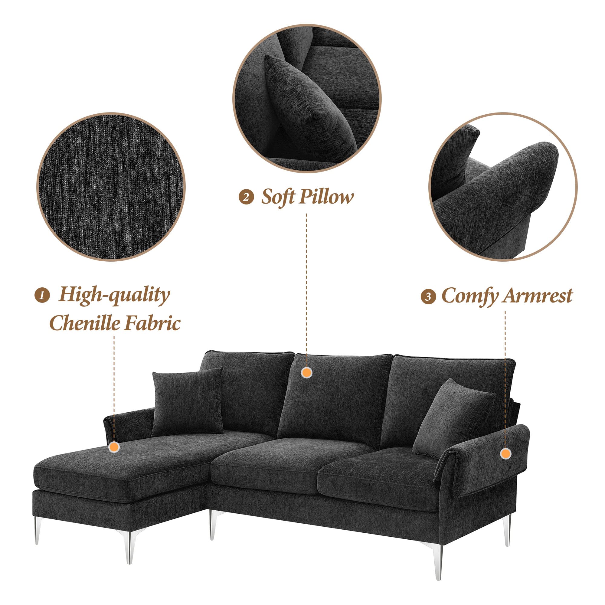 KoiHome 84" Convertible Sectional 2 Pillows, Modern Chenille L-Shaped Couch with Reversible Chaise Lounge, 3-Seater Sleeper Sofa, Fit for Living Room,Office,Apartment, Polyester, Black