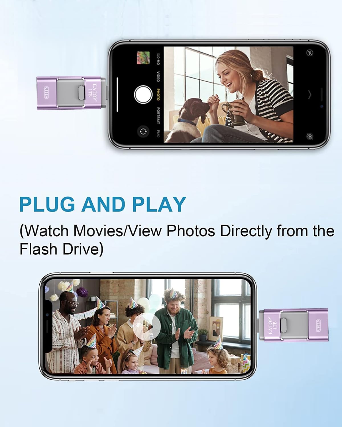 EATOP USB 3.0 Flash Drive 1TB Intended for iPhone iPad, USB Memory Stick External Storage Thumb Drive Photo Stick Compatible with iPhone/iPad/Android and Computer (Light Purple)