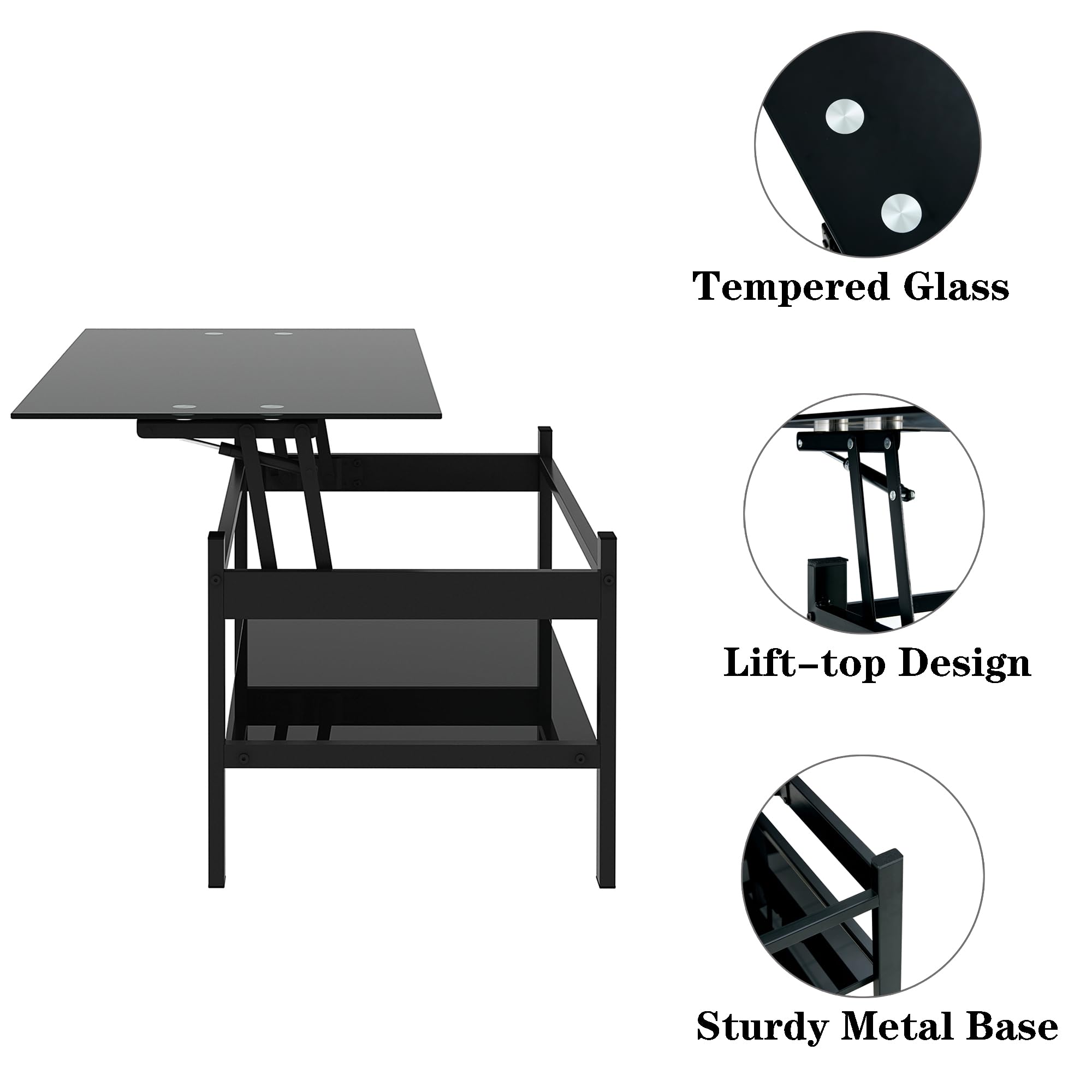 GSSDEE Glass Coffee Table and End Table Set of 3, 2-Tier Classic Design, Tempered Glass Top & Solid Metal Legs Table Set, Use for Livingroom Center Table, Sofa Nightstand (Black, Lift top Set of 3)