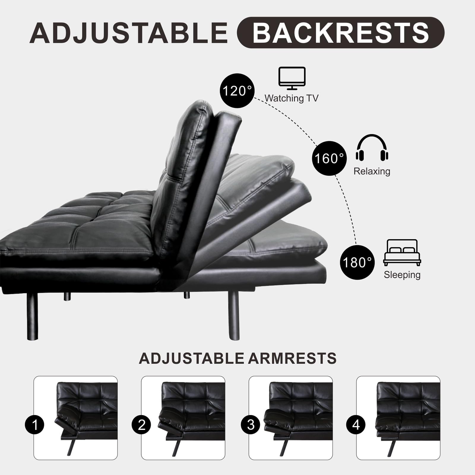 MUUEGM Futon Sofa Bed Memory Foam Convertible Couch Sleeper,Modern Faux Leather Love Seat for Living Room Small Space Apartment Office,Adjustable Backrest Armrest,71" Sofabed, Black-New