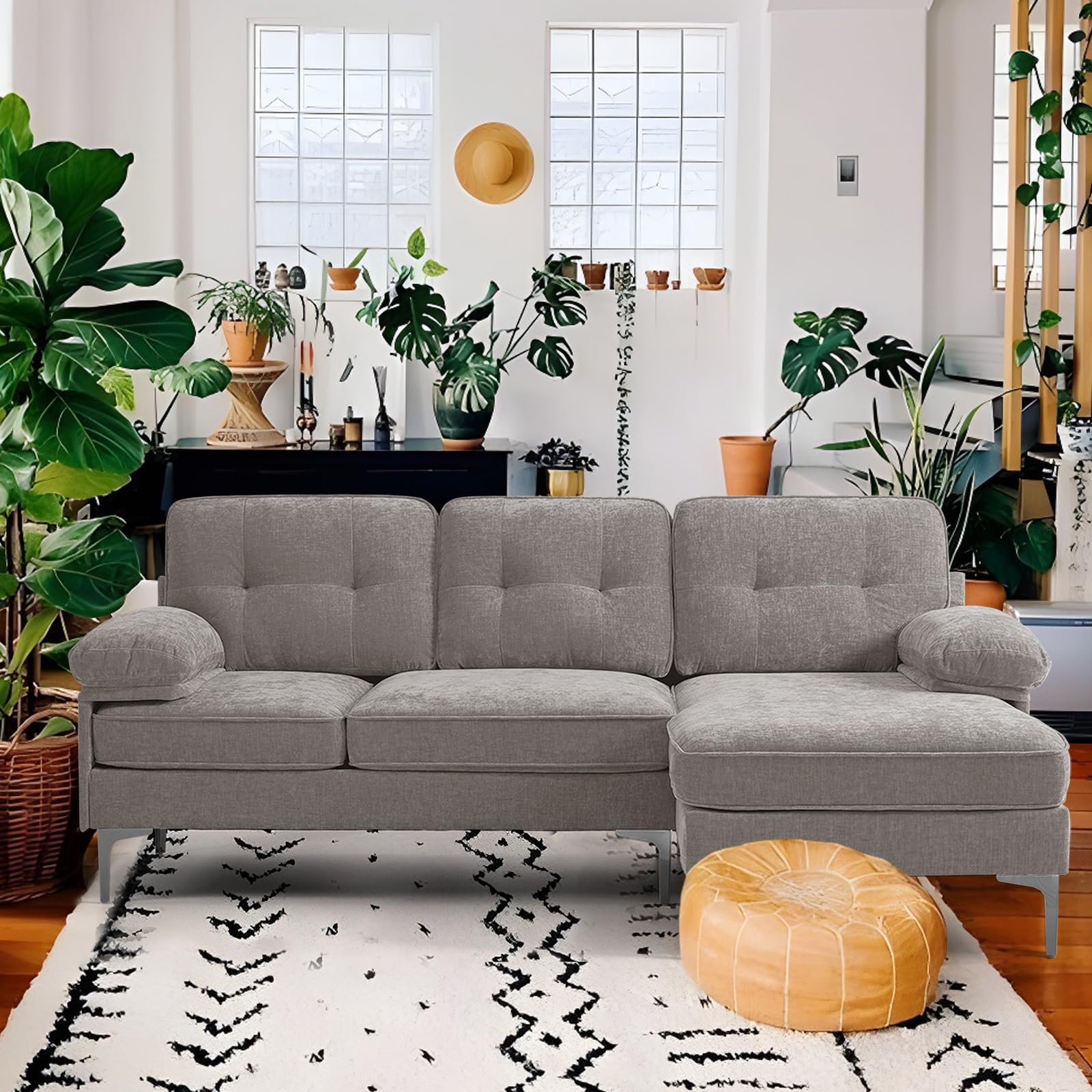 YuuYee 82" Chenille L Shaped Sectional Couches for Living Room, 3 Seater Comfy Modular Sofa with Chaise for Small Spaces,Mid Century Modern,Deep Seat,Grey