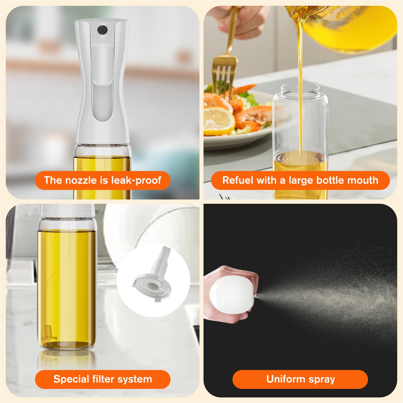 MISSOLO Oil Sprayer - 200ml Glass Olive Oil Sprayer - Continuous Spray with Portion Control - Oil Dispenser Bottle for Kitchen - Oil Mister for Cooking, Baking, Salad