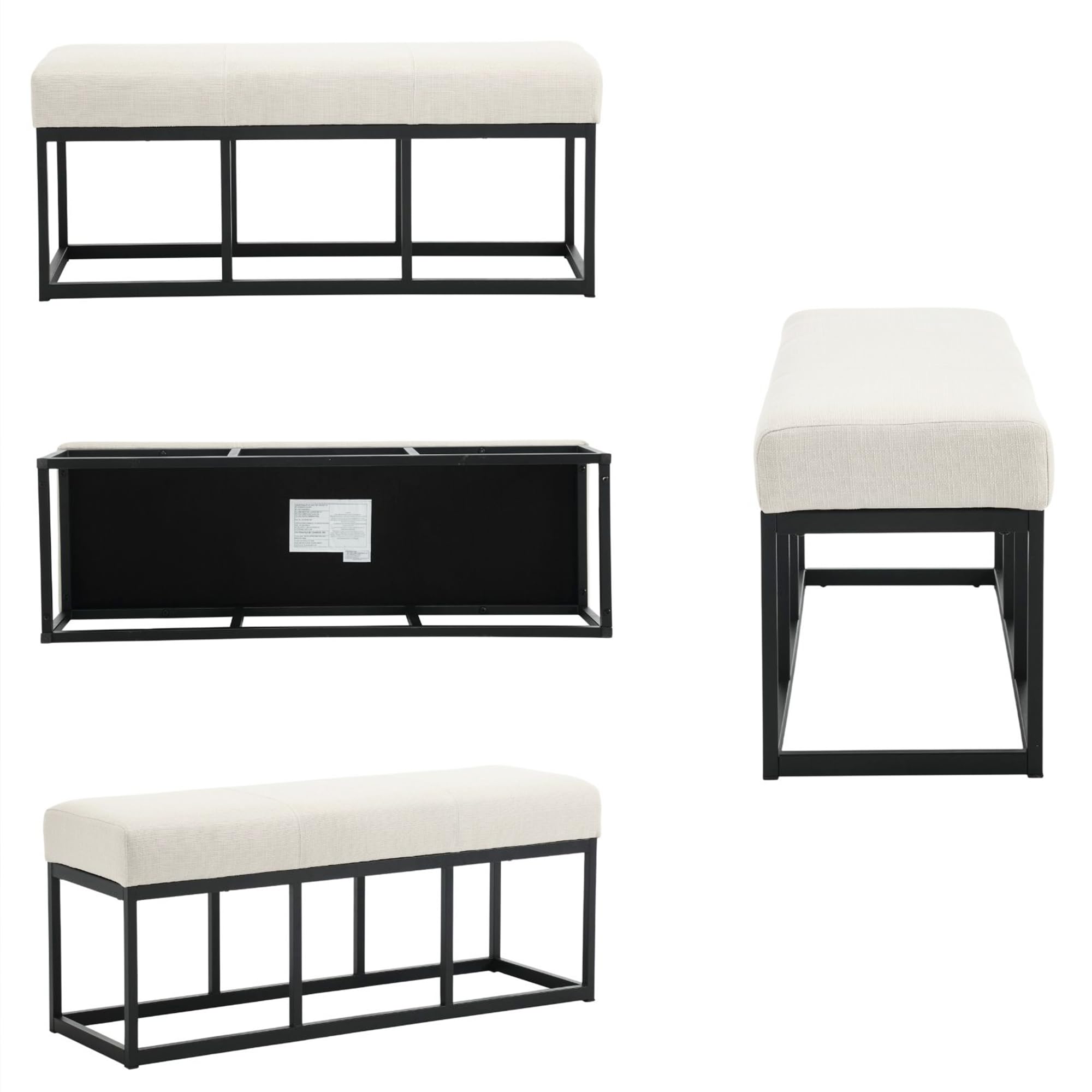 HNY Mid Century Modern Upholstered Kitchen Dining Bench Metal Entryway Bench Seat, 45 Inch Linen Tufted Bench Ottoman Indoor Window Bench for Bedroom End of Bed/Living Room/Mudroom/Narrow/, Cream
