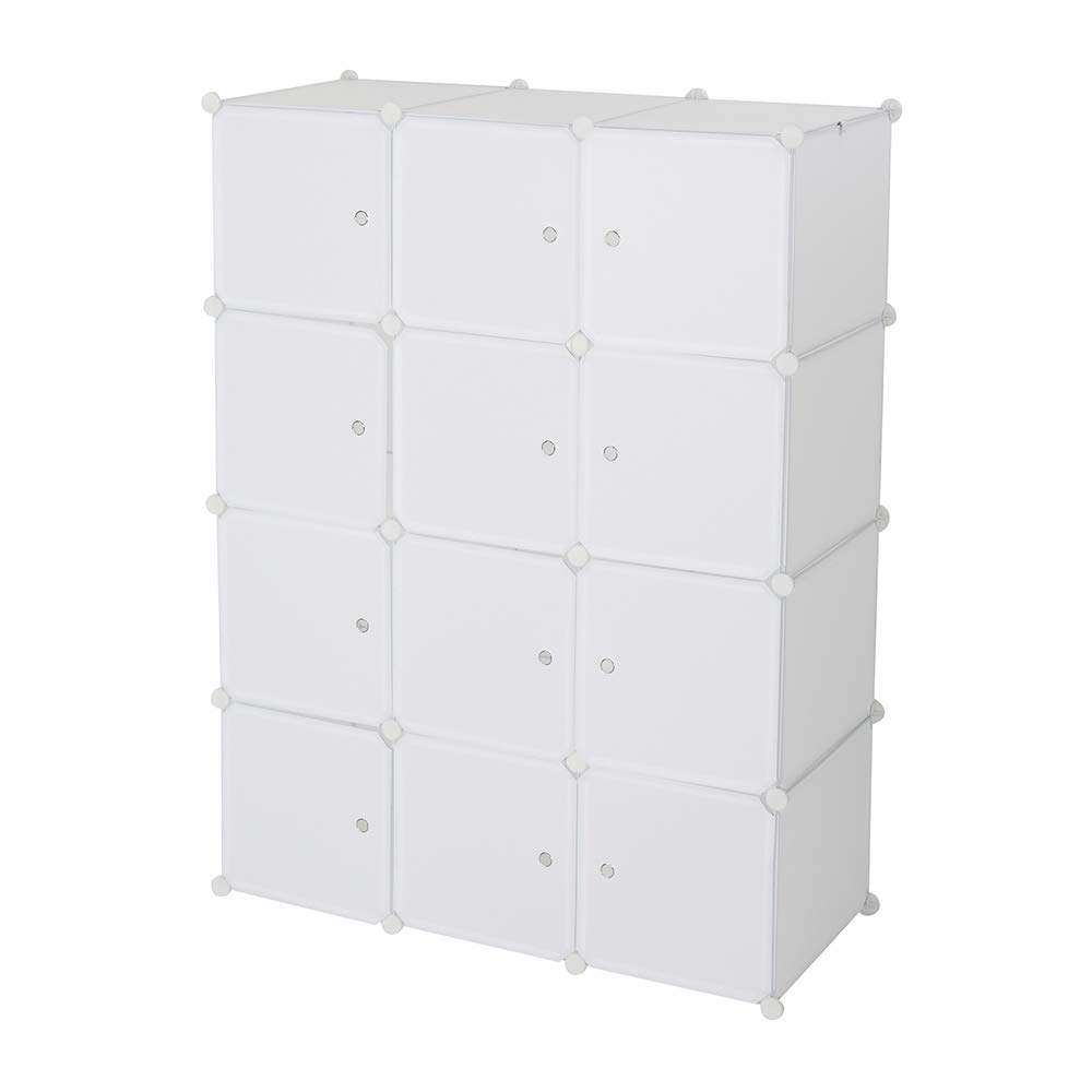 Wardrobe 12 Cube Organizer Stackable Plastic Cube Storage Shelves Design Multifunctional Modular Closet Cabinet with Hanging Rod White Doors