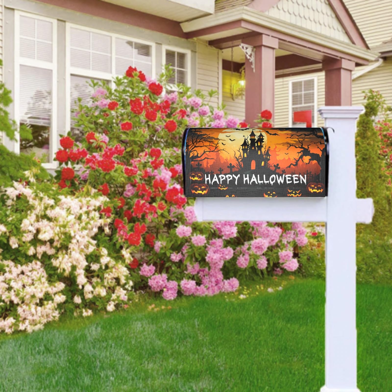 Brunt Halloween Starry Night Haunted House Pumpkin Magnetic Mailbox Covers - Large Orange Post Letter Box Covers - Garden Yard Home Decor for Outside - 21" x18"