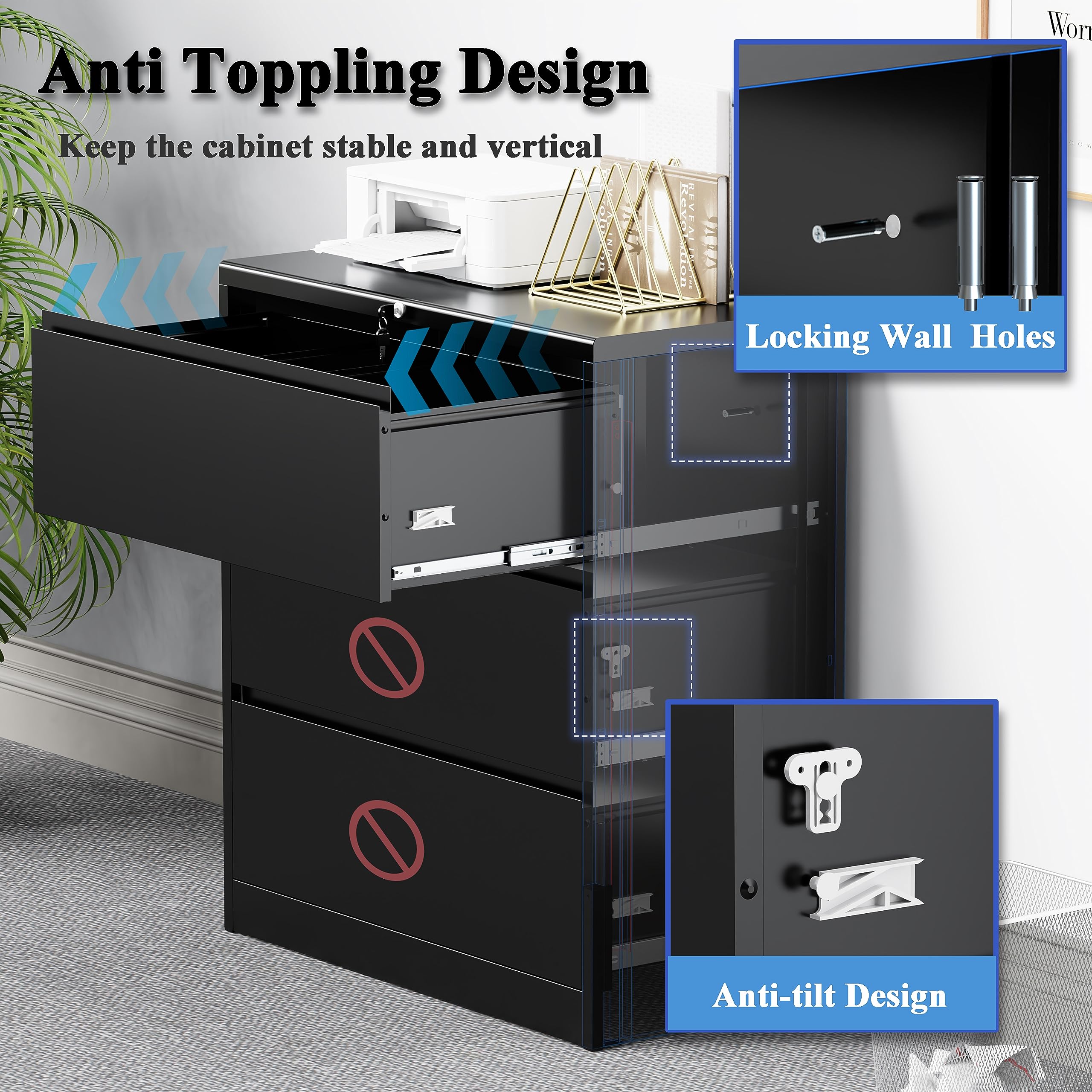 Hak Metal 3 Drawer Lateral File Cabinet with Lock, Black Office File Cabinet for Storing Legal/Letter A4 Size File, Mordent Locking Lateral Filing Cabinets for Home Office (Black)