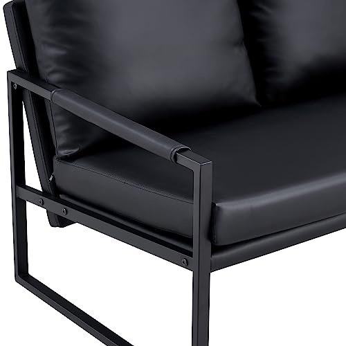 Uunquee Mid-Century Modern Loveseat Sofa,PU Leather 2 Seater Sofa Chair with 2 Pillows,Black Upholstered Accent Chair with Arms for Living Room,Office