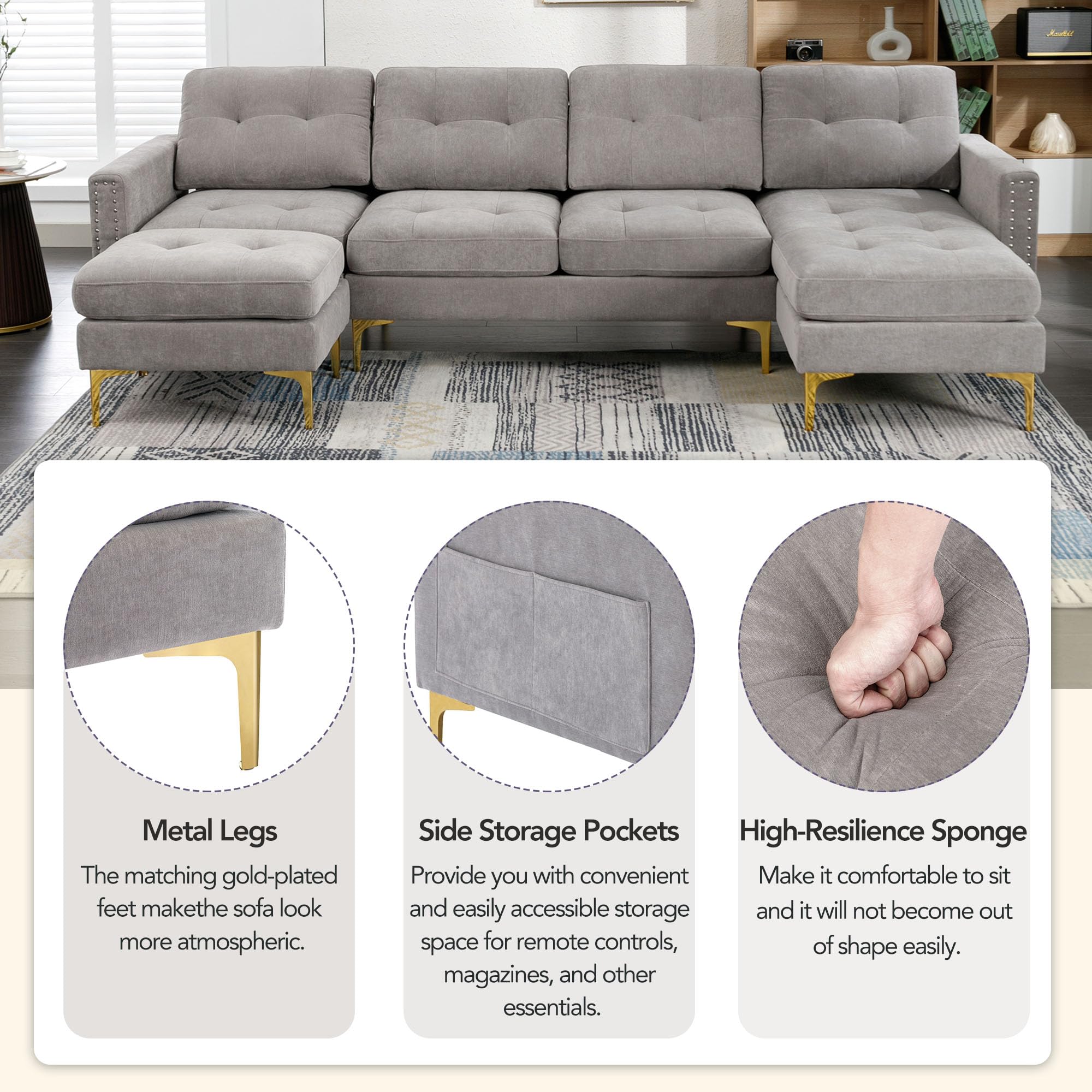 EMKK 110" Convertible Sectional Sofa Couch Furniture, 6 Seat Sofa for Living Room L/U Shaped Modern Fabric UpholsteredModular Sofá Sleeper with Double Chaise & Memory Foam & Movable Ottoman