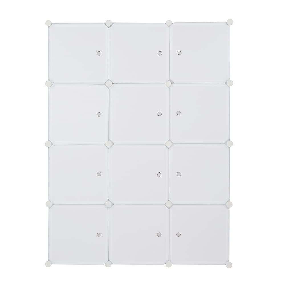Wardrobe 12 Cube Organizer Stackable Plastic Cube Storage Shelves Design Multifunctional Modular Closet Cabinet with Hanging Rod White Doors